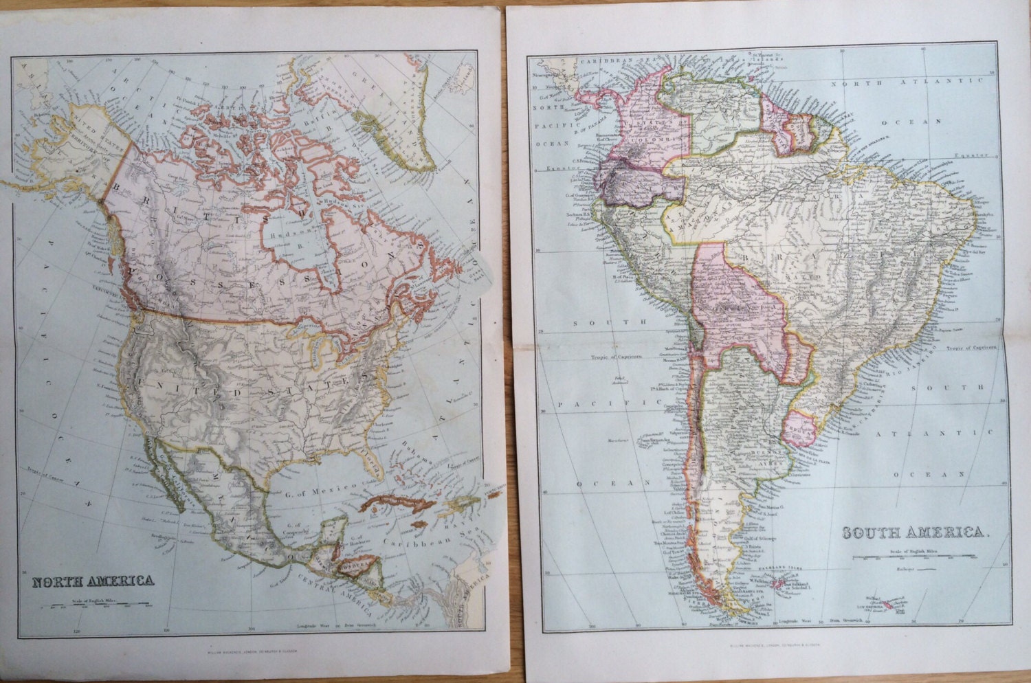 1880 North & South America map set, antique, original, colour ...
