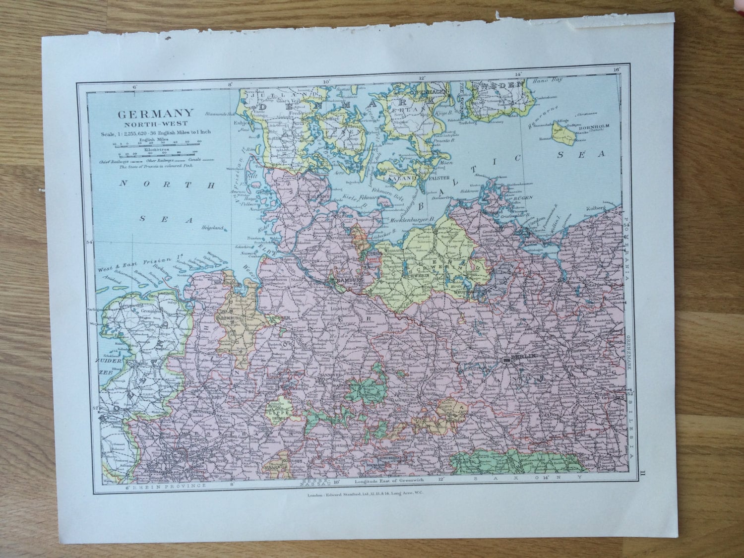 1920 Germany (North-West) Original Vintage Map, 12 x 14.5 inches ...
