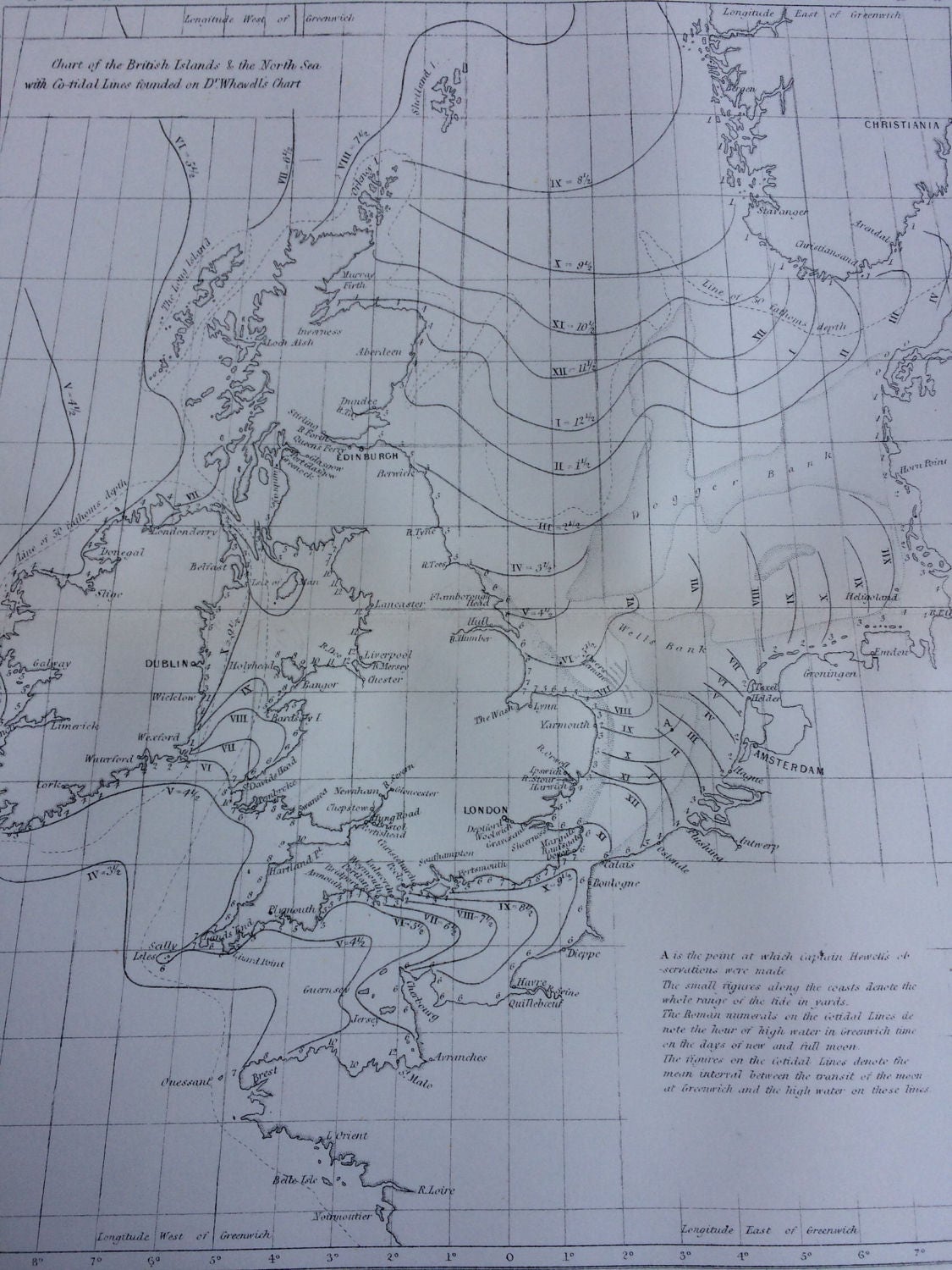 1891 Tidal Map of Britain and the North Sea Original Antique Map - 9 x ...