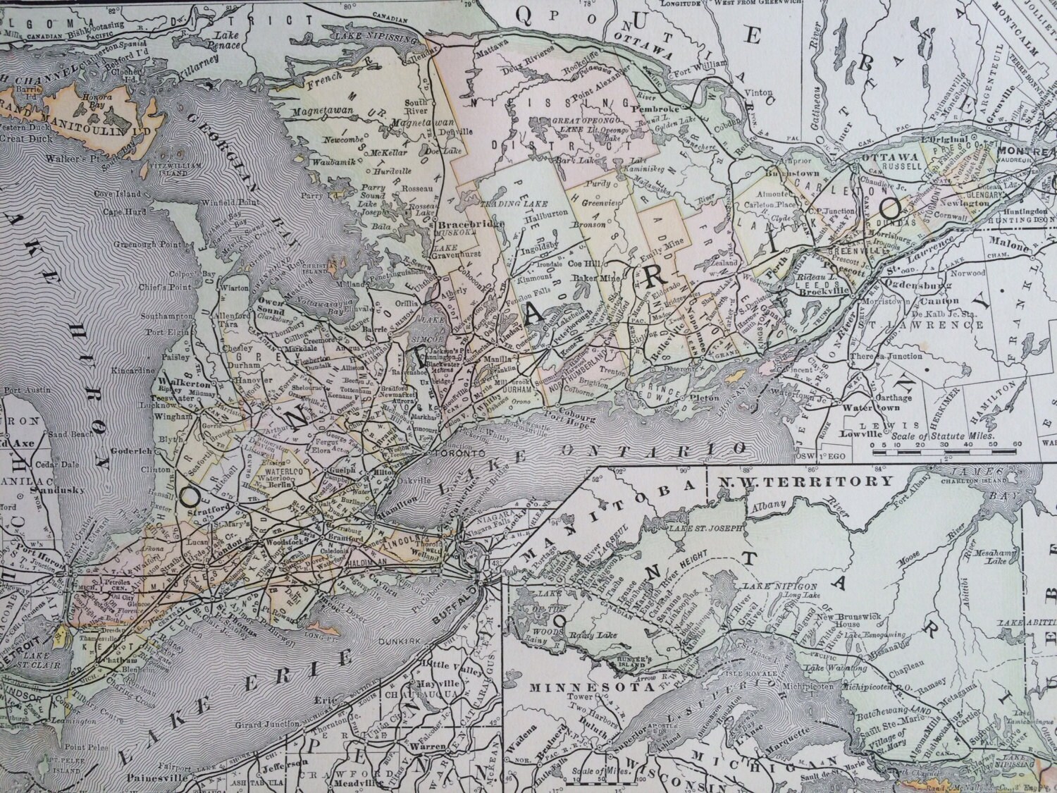 1891 ONTARIO Original Antique Map, Canada, 8.5 x 11.5 inches, Rand ...