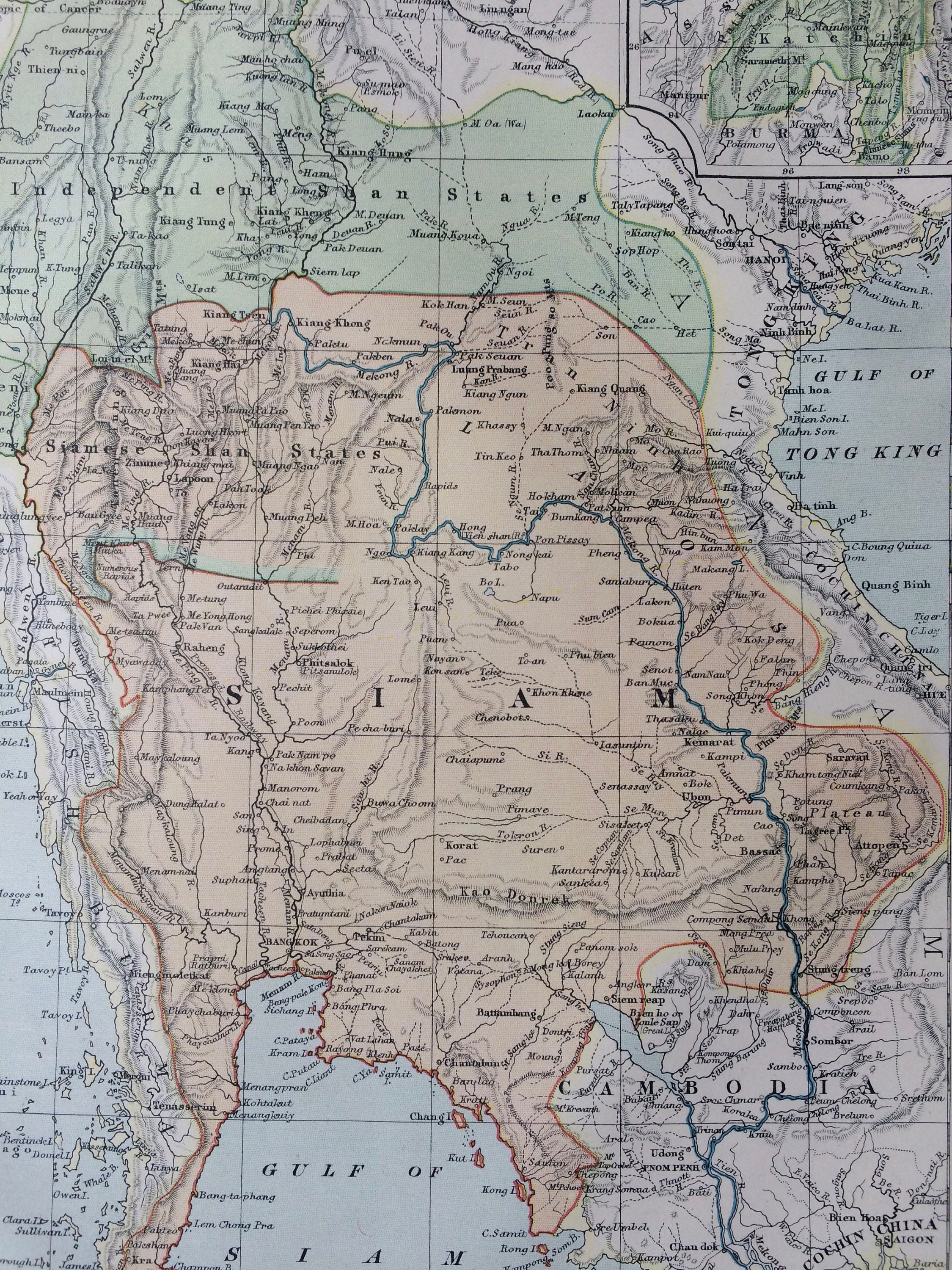 1875 SIAM Original Antique Map, Thailand, Southeast Asia, Decorative ...