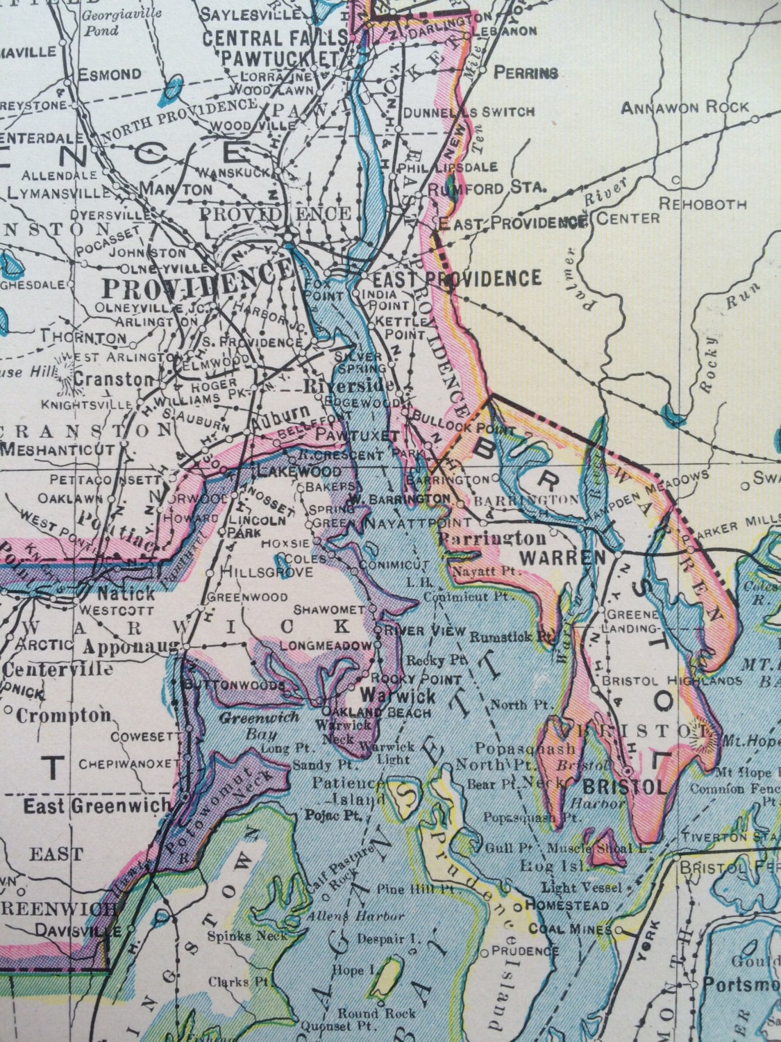 1936 RHODE ISLAND Original Antique Map, 11.5 x 14.5 inches, US State ...