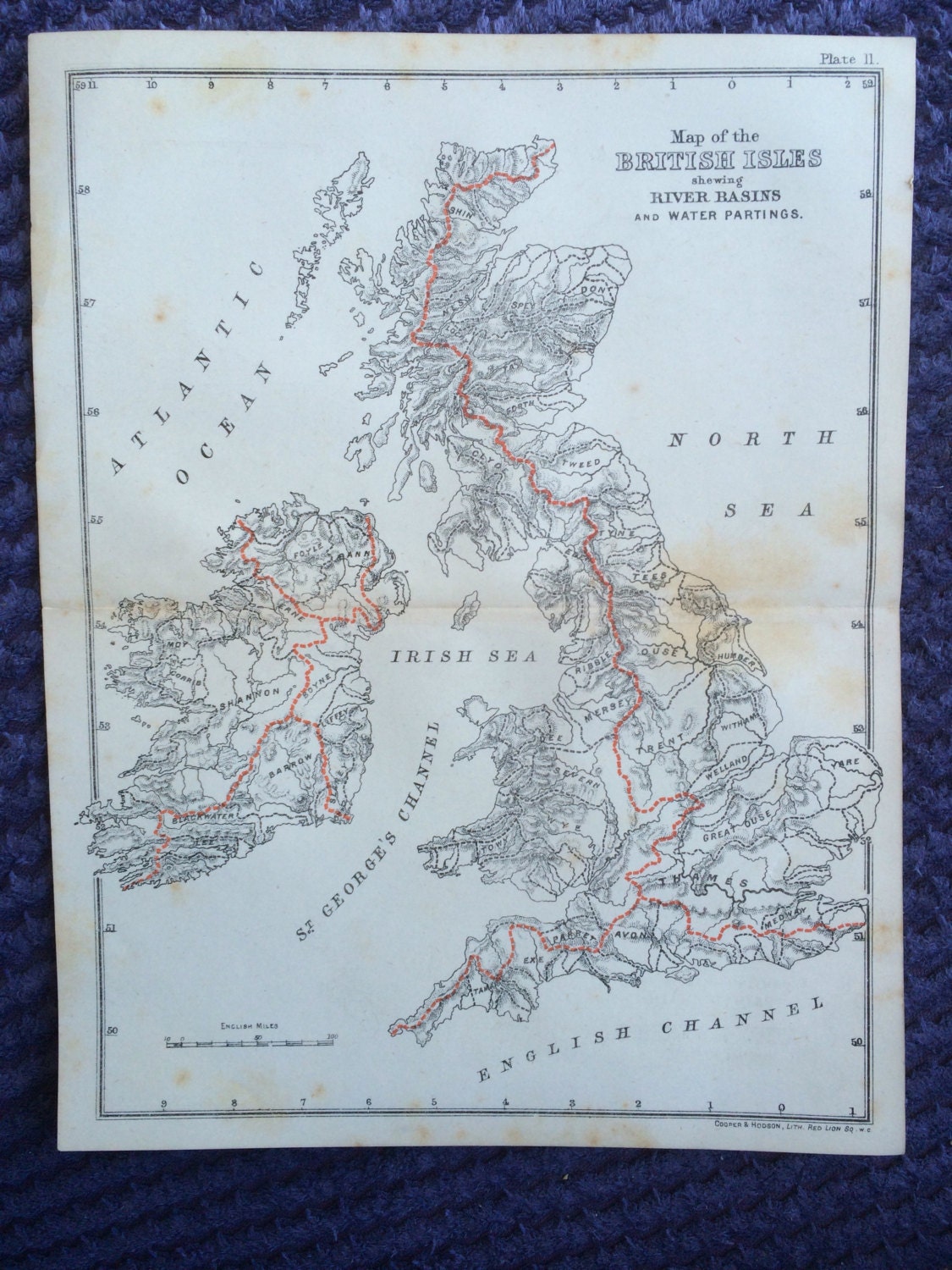 1878 Map of the British Isles showing River Basins and Water Partings ...
