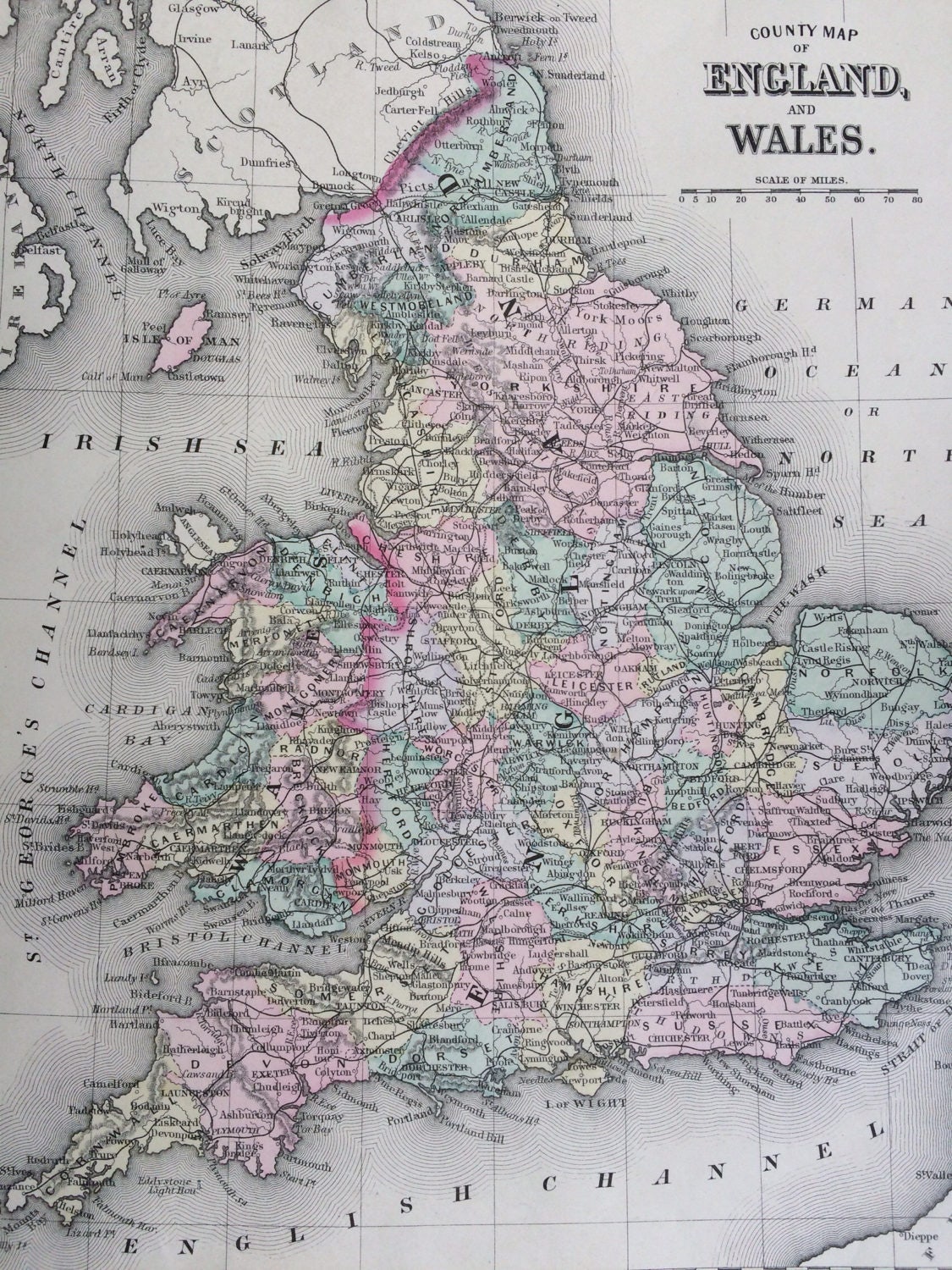 1888 ENGLAND & WALES large rare original antique Mitchell Map showing ...