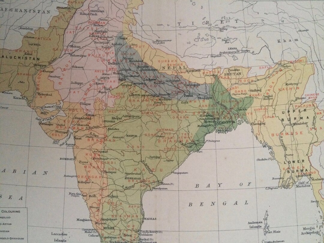 1908 India prevailing Races Original Antique Map Available Mounted and ...