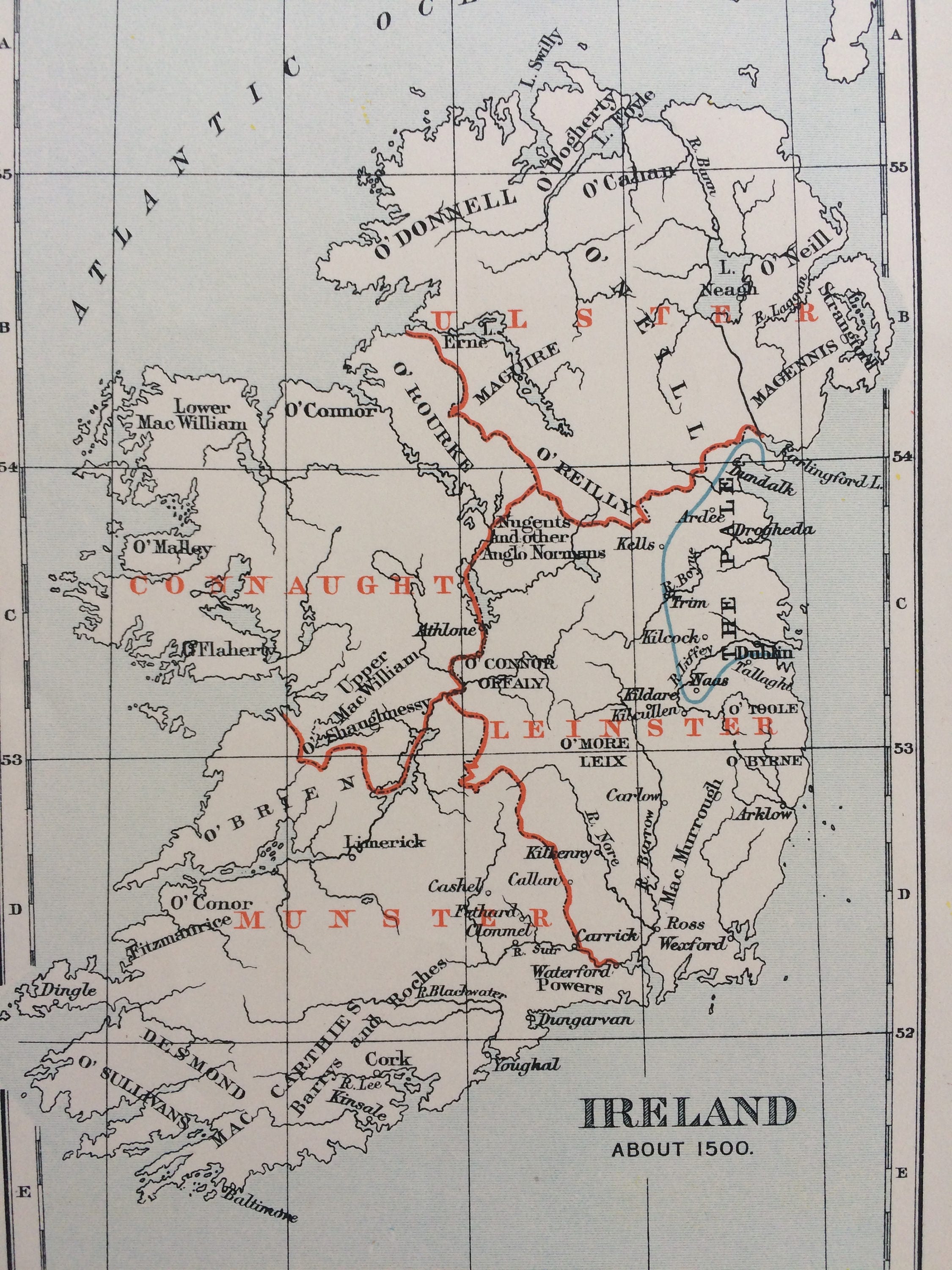 1910 Ireland in 1500 showing clans and families Original Antique Map ...