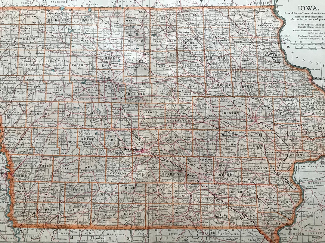 1903 Iowa Original Large Antique Map - State Map Showing Townships ...