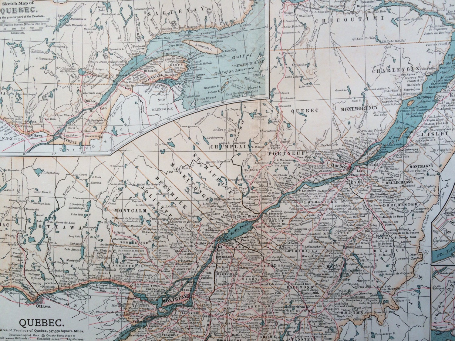 1903 QUEBEC Original Large Antique Map - Wall Map - Home Decor ...