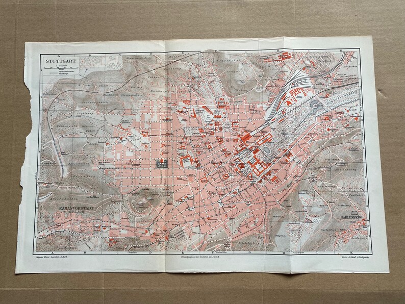 1897 Stuttgart Large Original Antique Map - Germany - City Plan ...