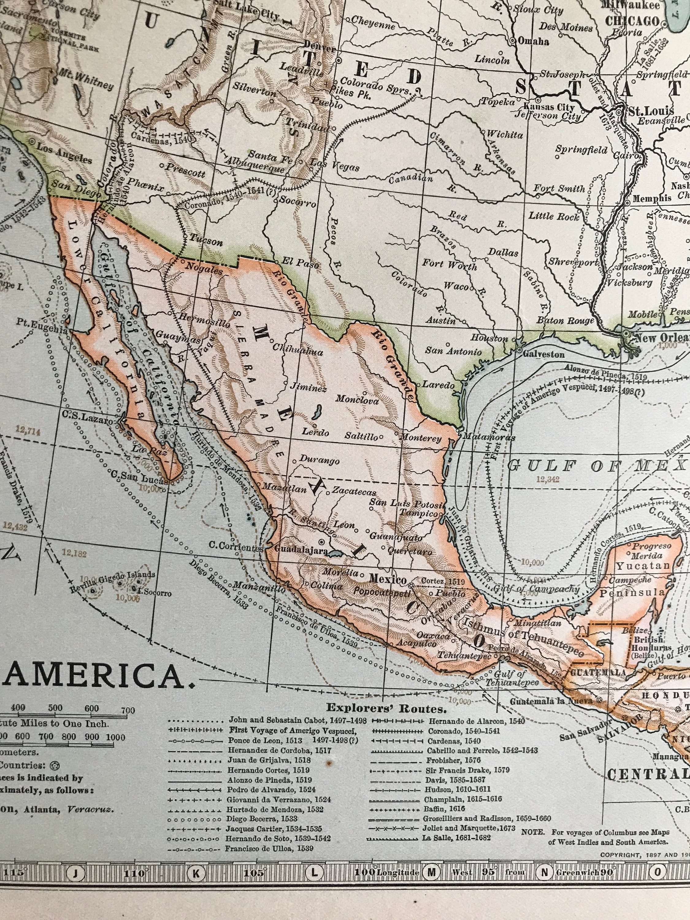 1903 North America Original Large Antique Map showing different ...