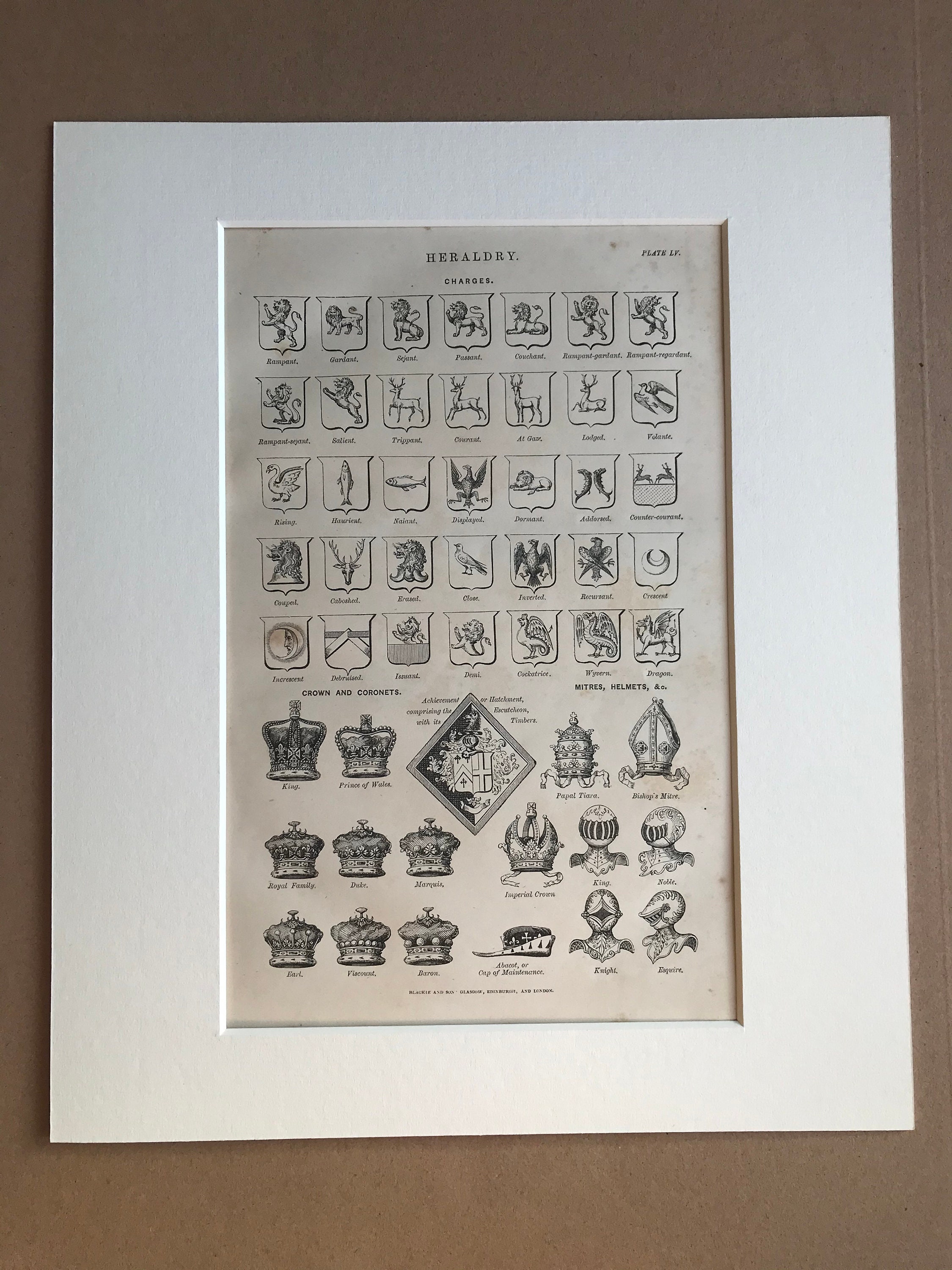 1858 Heraldry Original Antique Engraving - Charges, Crown and Coronets ...