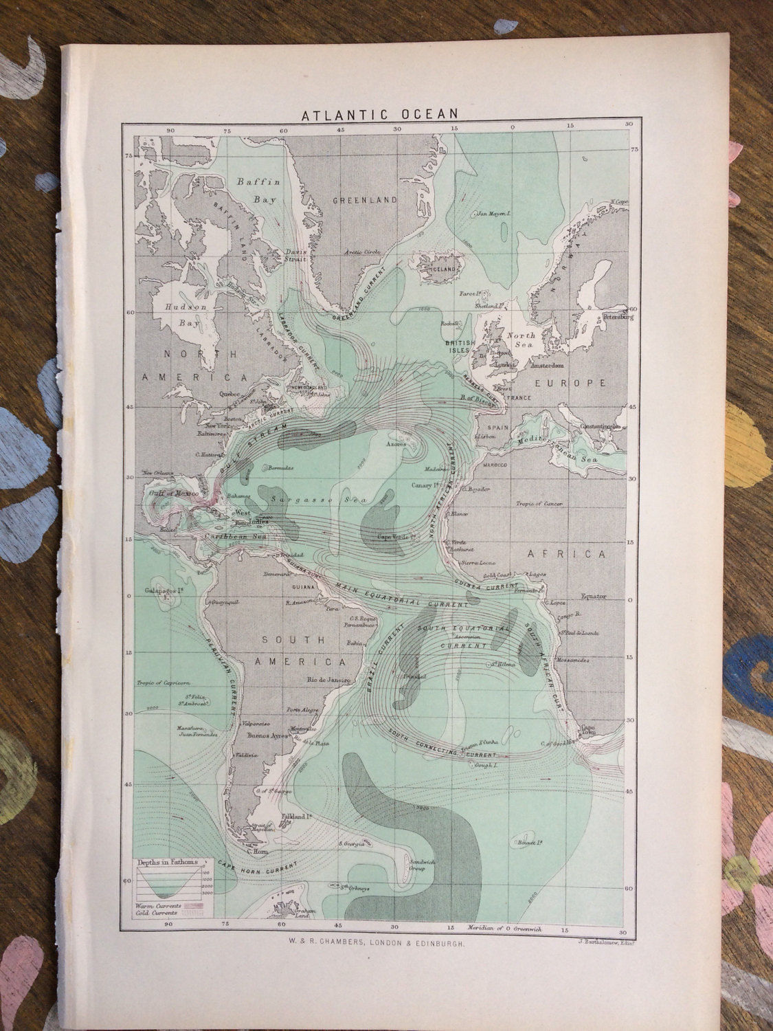 1888 ATLANTIC OCEAN Original Antique Map, 10.5 x 7 inches, historical ...