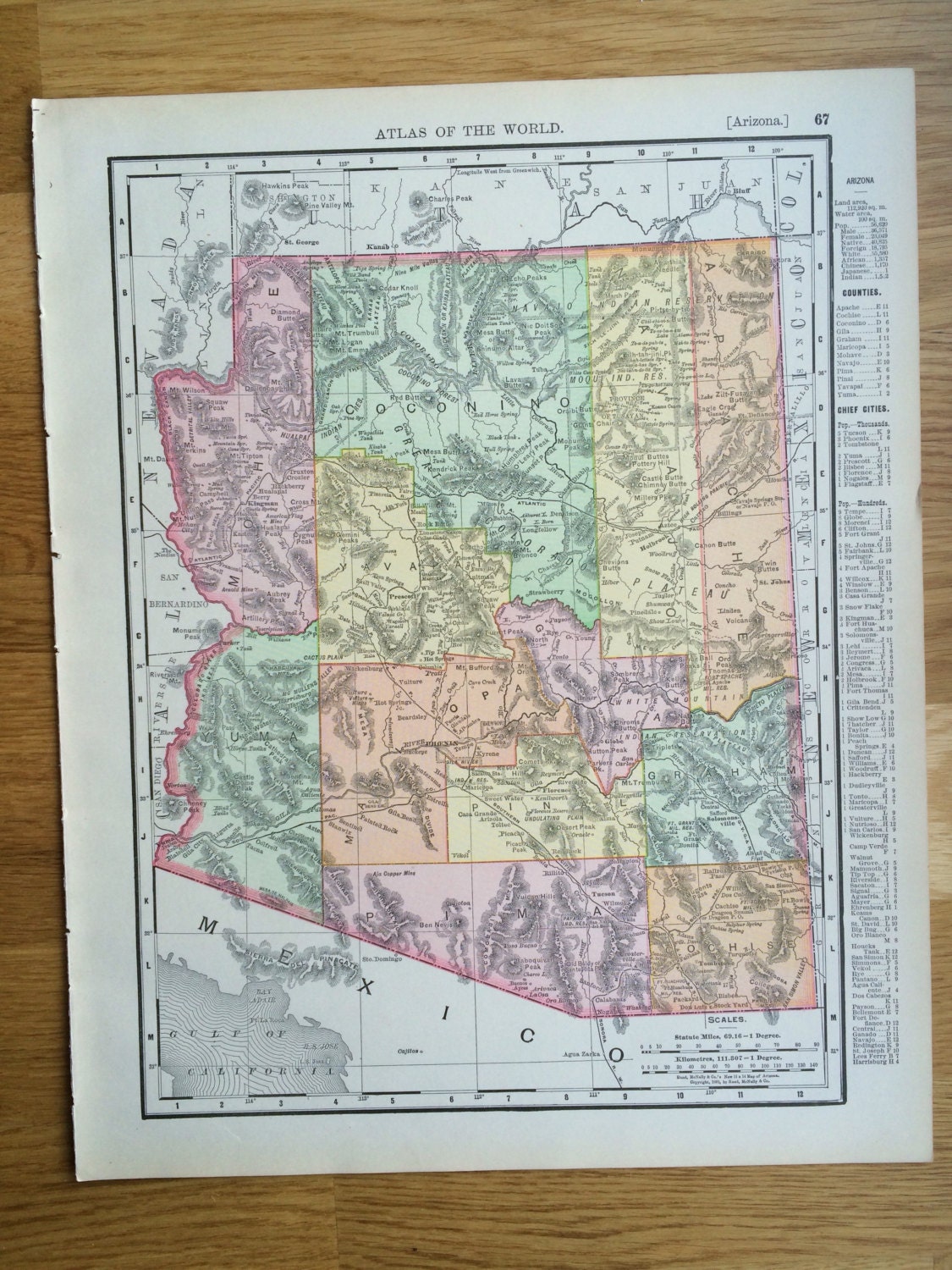1898 ARIZONA Original Antique Map, 11 x 14 inches, Rand McNally, Home ...