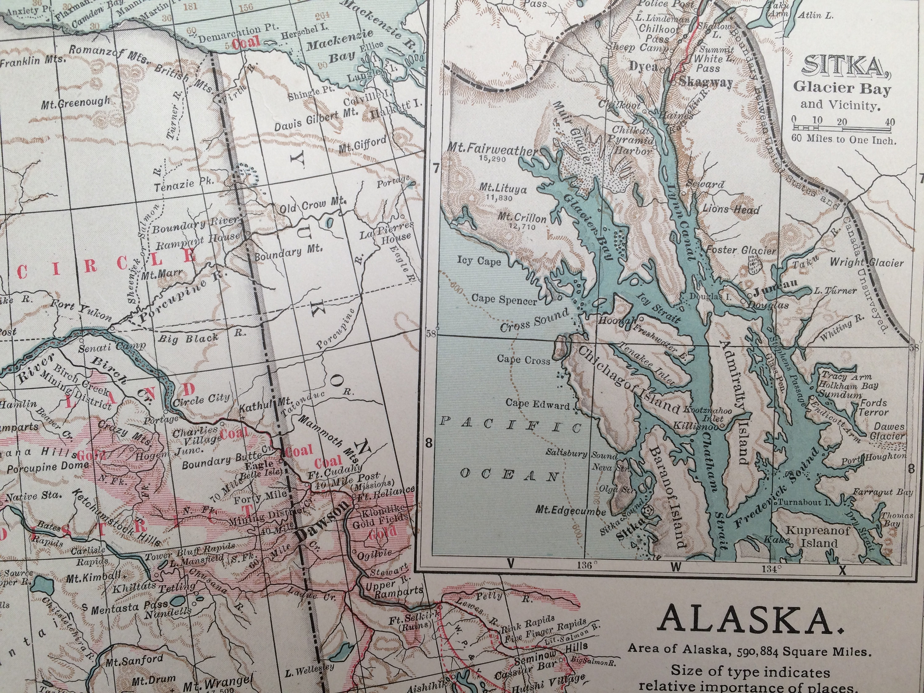 1903 ALASKA Large Original Antique Map with inset maps of Sitka ...
