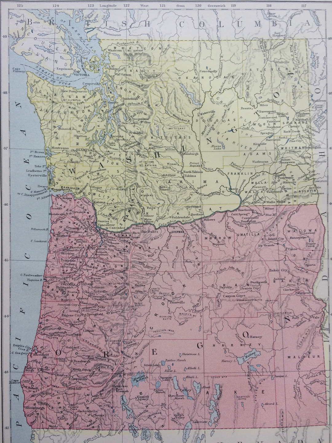 1875 Oregon & Washington Original Antique Map - United States - US ...