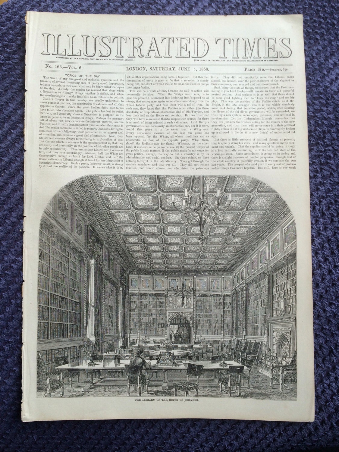 1858 The Library of the House of Commons Original Antique Engraving ...