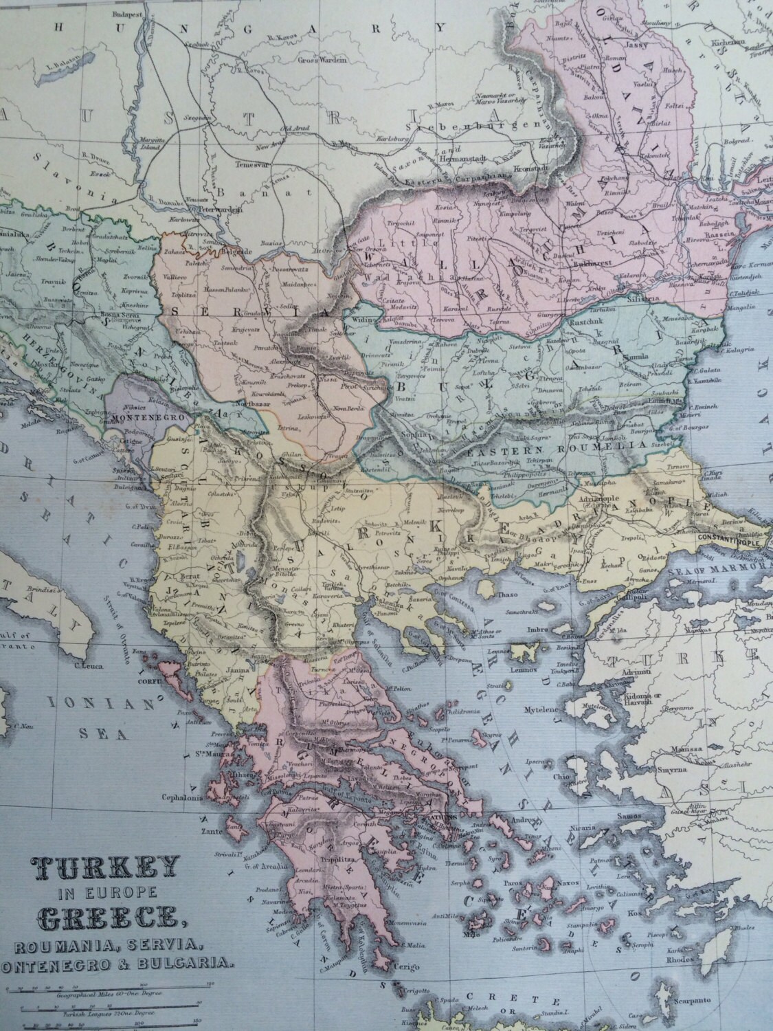 1892 BALKANS Original Antique Map, 10.5 x 12.5 inches, historical wall ...