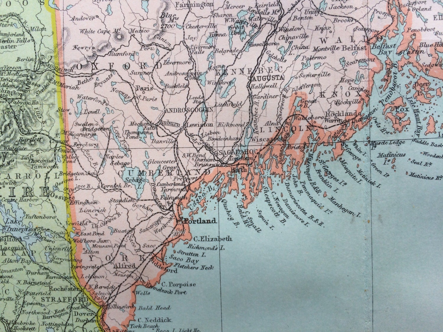 1898 NEW ENGLAND STATES Large Original Antique Map with inset maps of ...