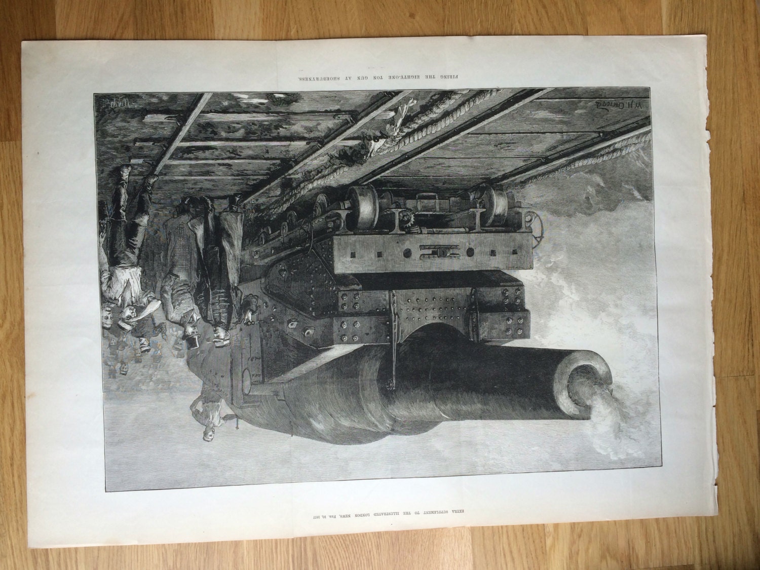 1877 Firing the 81 ton gun at shoeburyness, extra large original ...