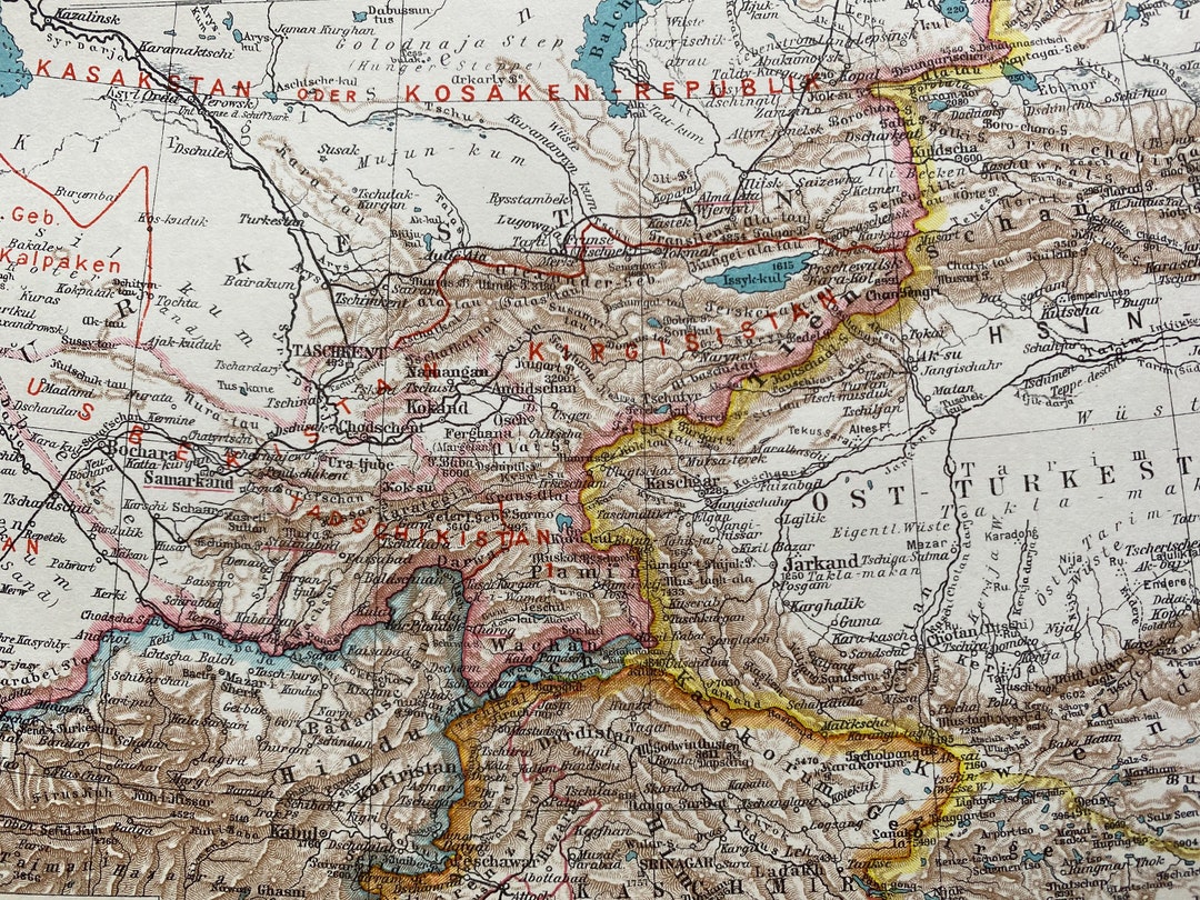 1924 Central Asia Original Antique Map Mounted and Matted Soviet Union ...