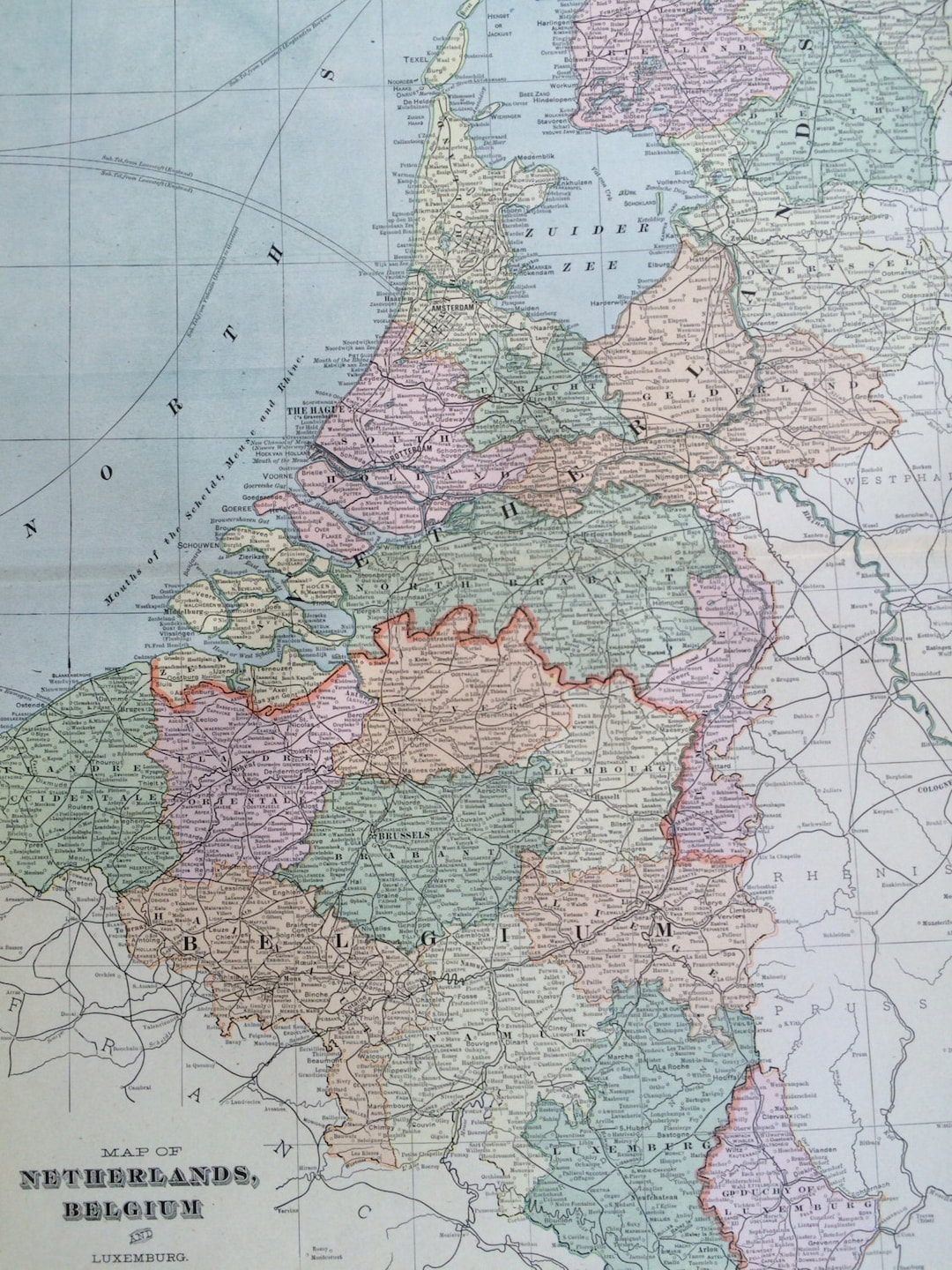 1901 NETHERLANDS, BELGIUM & LUXEMBURG Large Original Antique Map, 22.5 ...