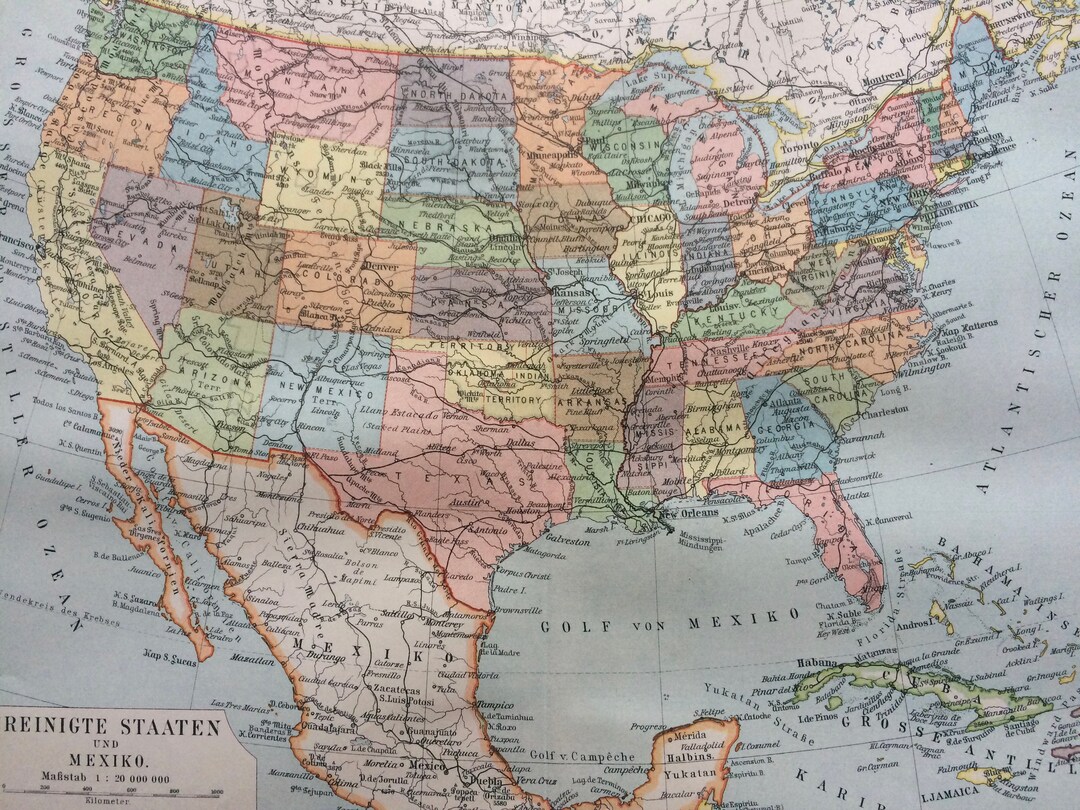 1897 United States and Mexico Original Antique Map - Available Framed ...