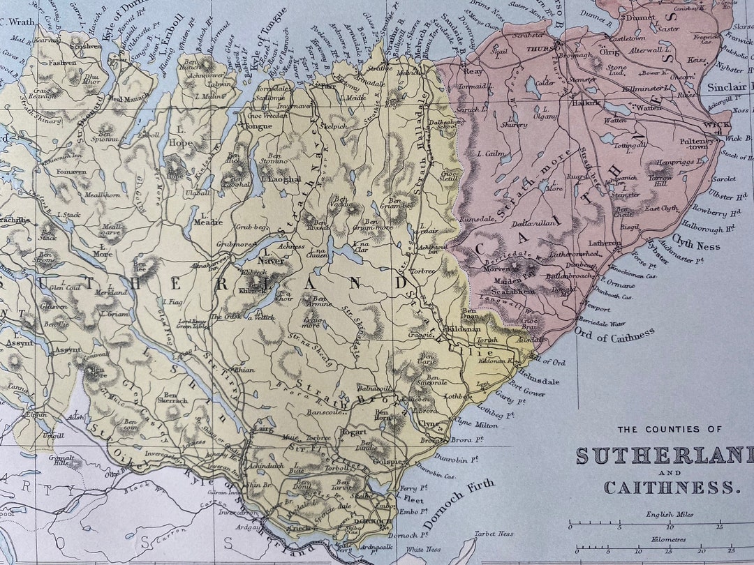1868 the Counties of Sutherland and Caithness Original Antique Map ...