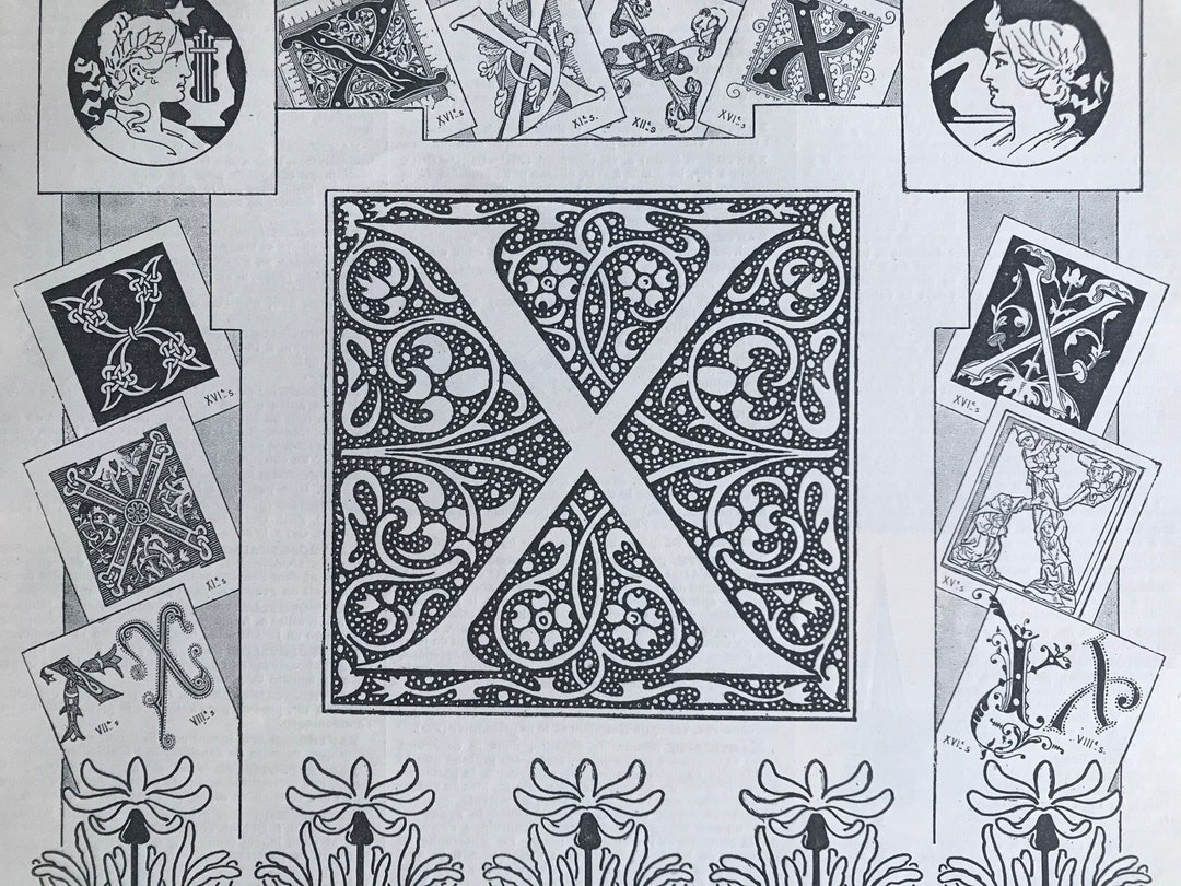 1897 Letter X - Decorative Alphabet Letter Original Antique Print ...