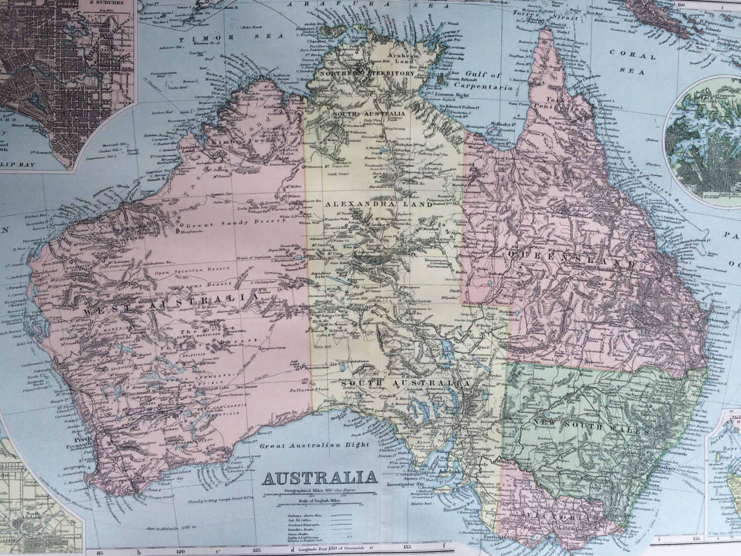 1898 AUSTRALIA large original antique map, 21.5 x 13.5 inches ...