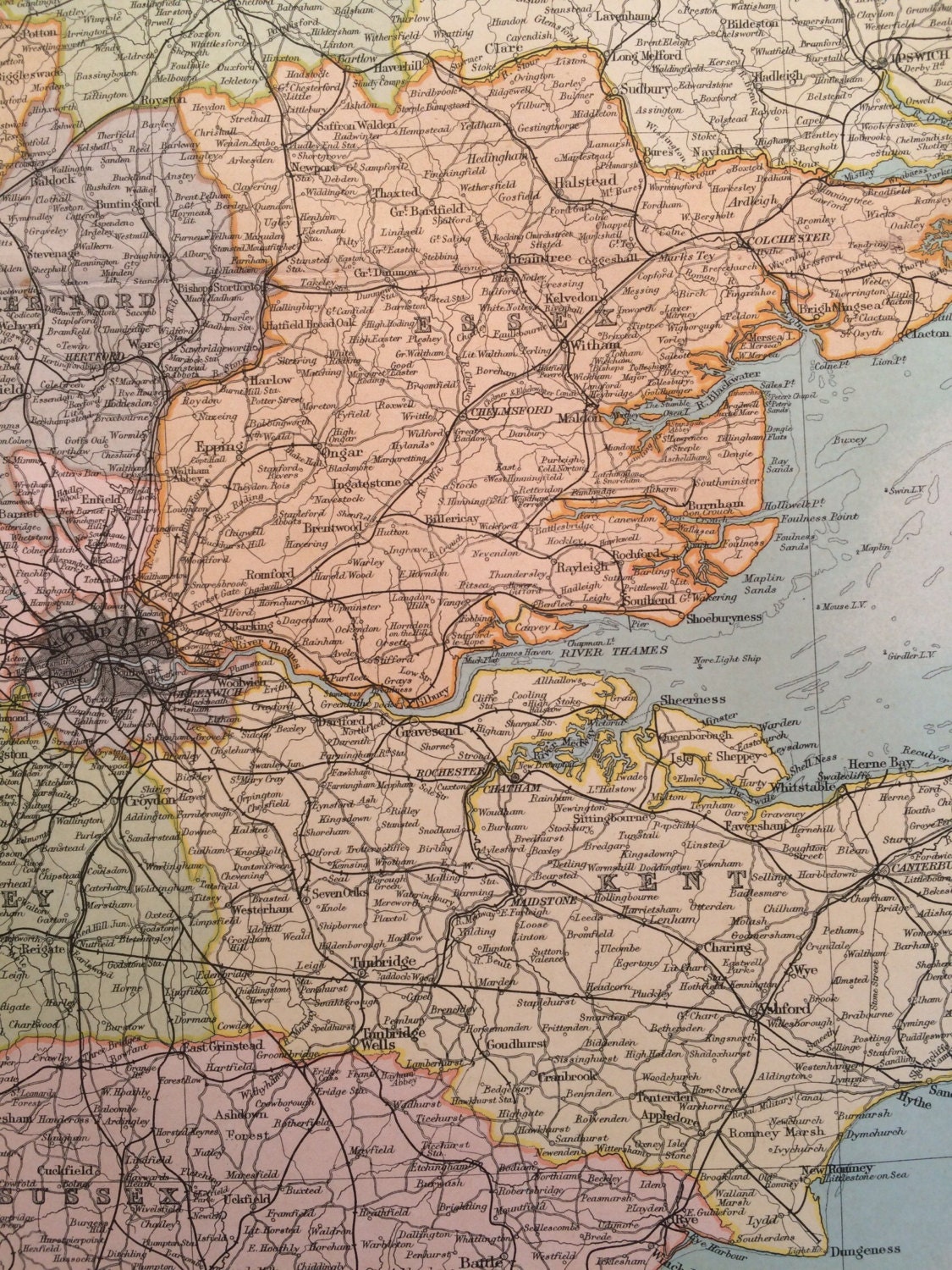 1898 ENGLAND (South east abs east anglia) Large Original Antique Map ...