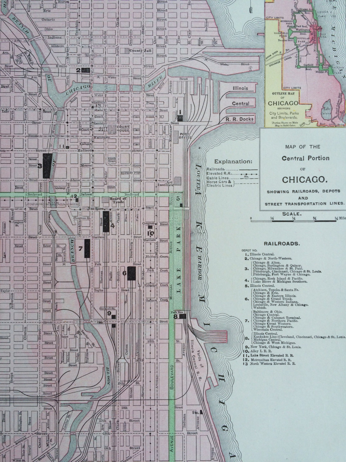1898 CHICAGO Original Antique City Plan Map, 11 x 14 inches, Rand ...