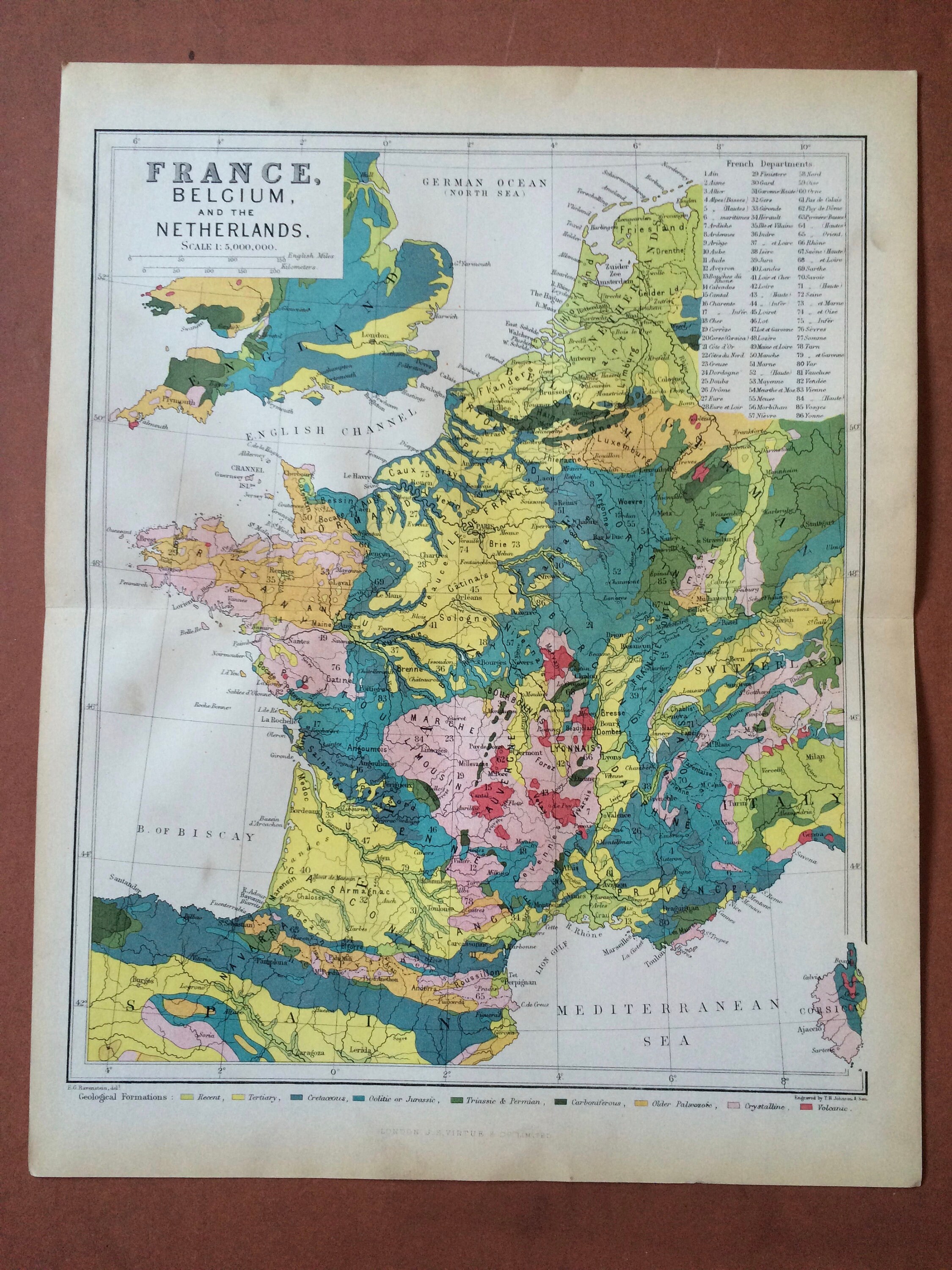 1895 Original Antique Geological Map of France, Belgium and the ...