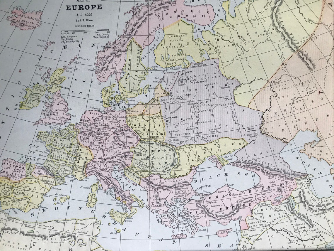 1901 Europe in A.D. 1000 Original Antique Map European | Etsy