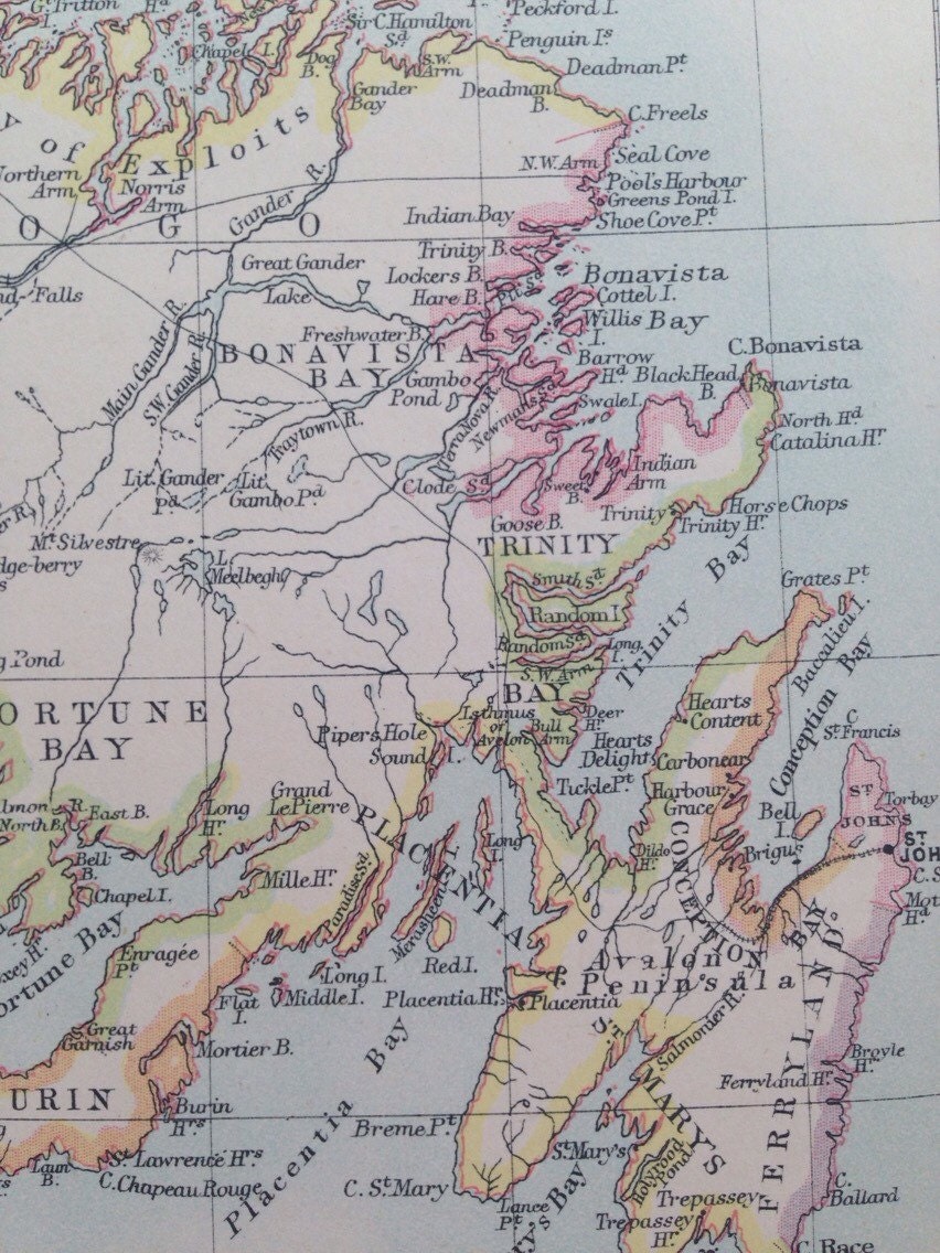 1875 NEWFOUNDLAND original antique map, cartography, geography, wall ...