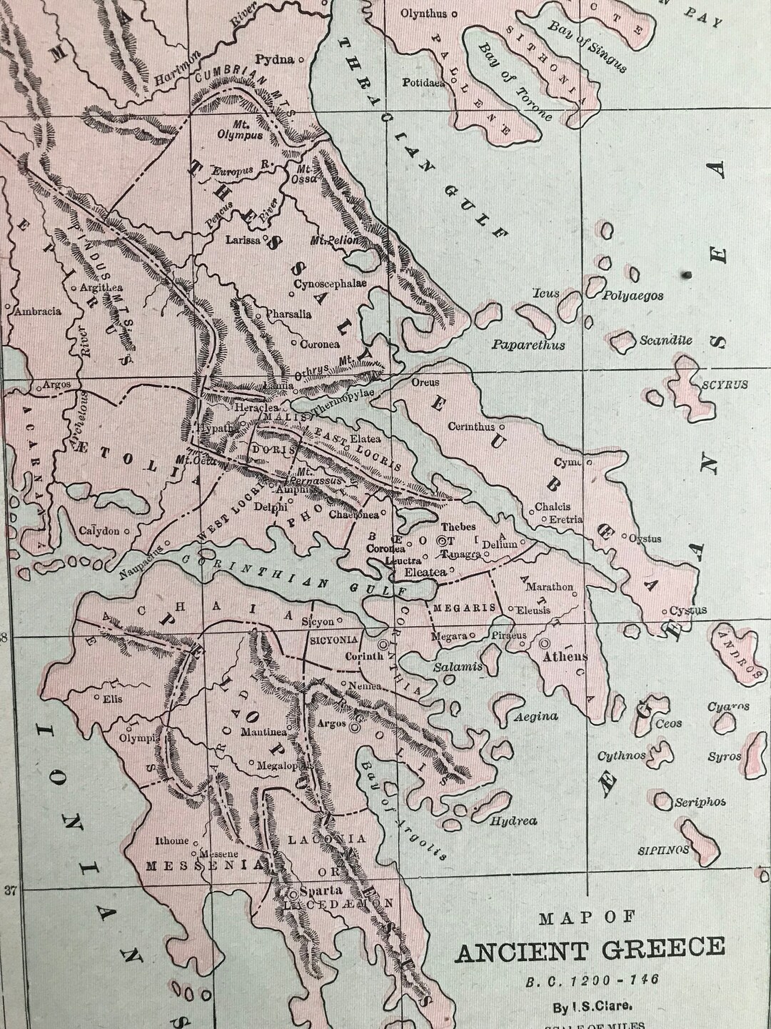 1901 Ancient Greece BS. 1200-146 by I.S. Clare Original Antique Map ...