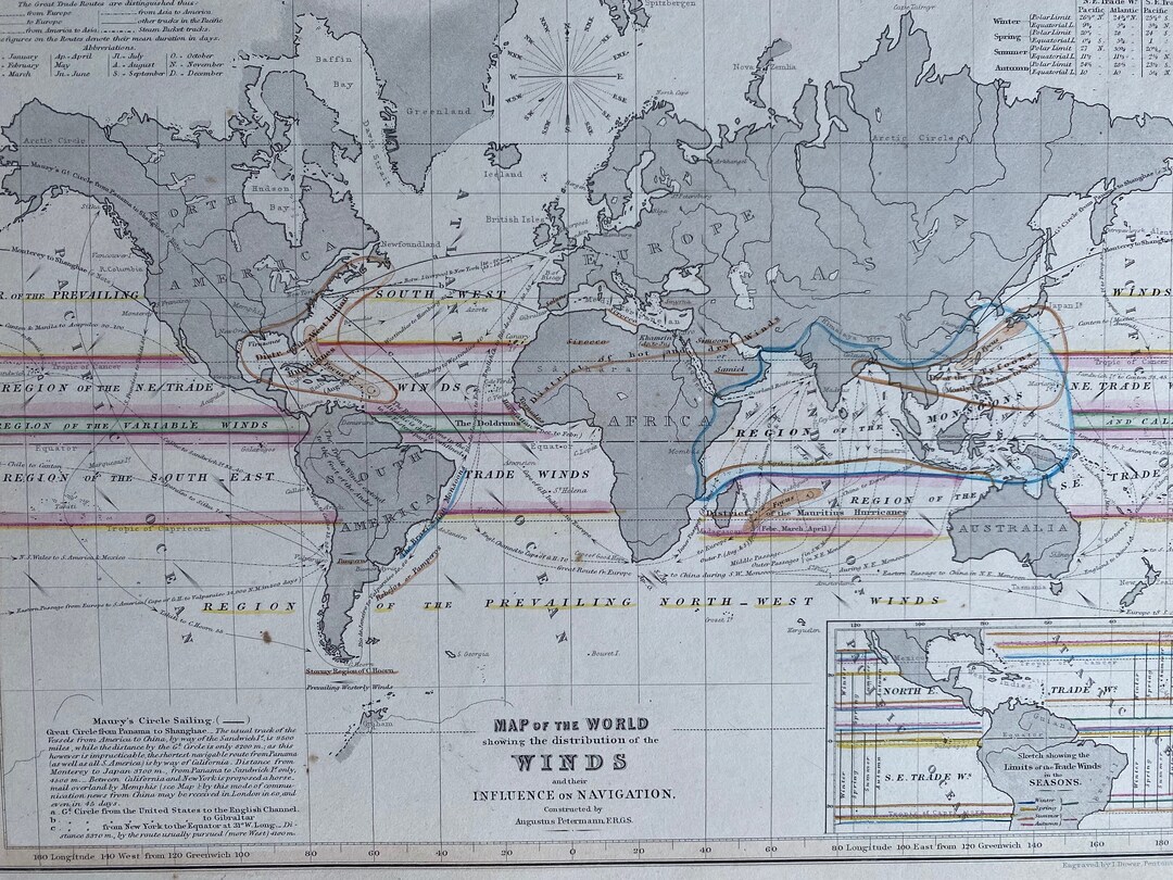 1853 Map of the World Showing the Distribution of the Winds - Etsy