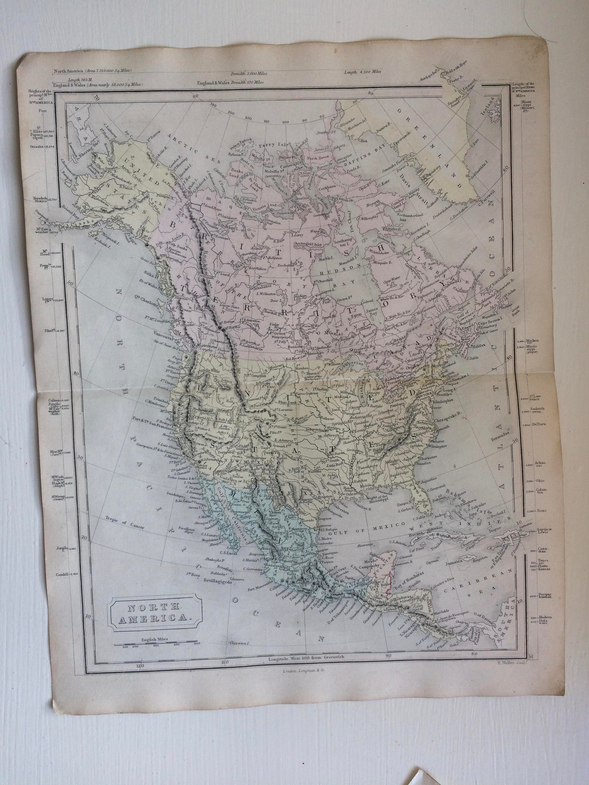 1870 North America Original Antique Map showing Height of Mountains and ...