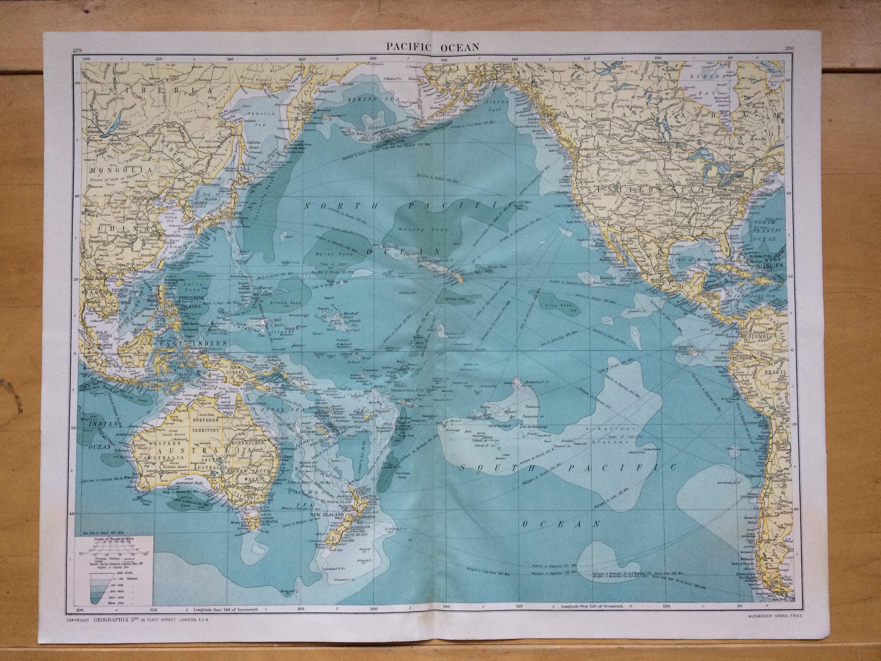 1920 Pacific Ocean Extra Large Original Antique Map showing various ...