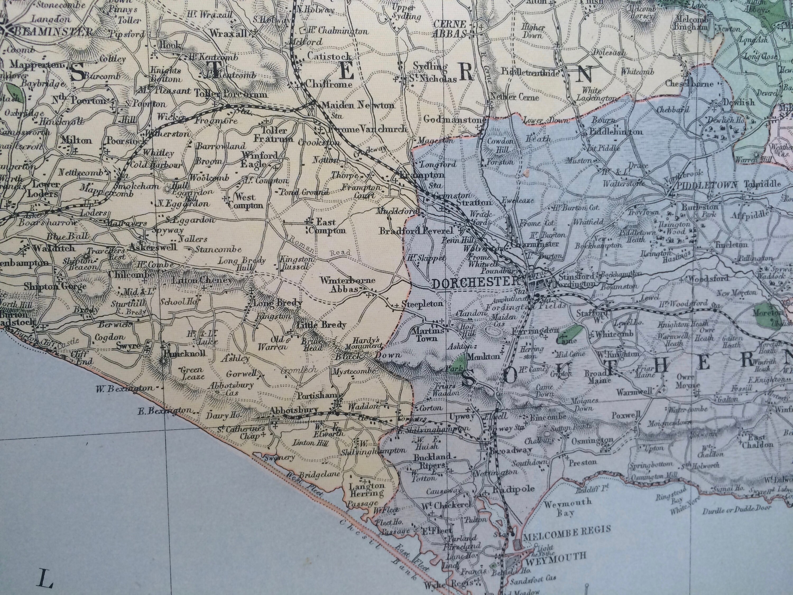 1868 Dorsetshire Large Original Antique Map showing railways, roads ...