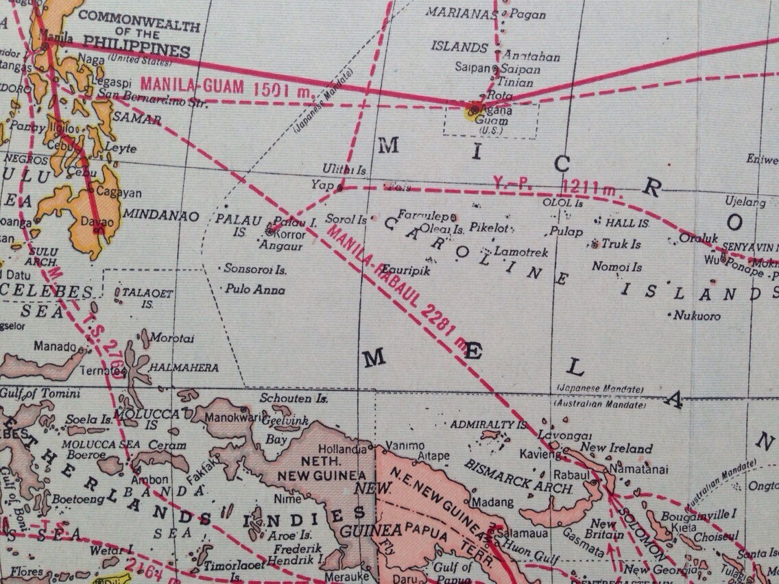 1940s THE PACIFIC OCEAN original vintage map - showing distances ...
