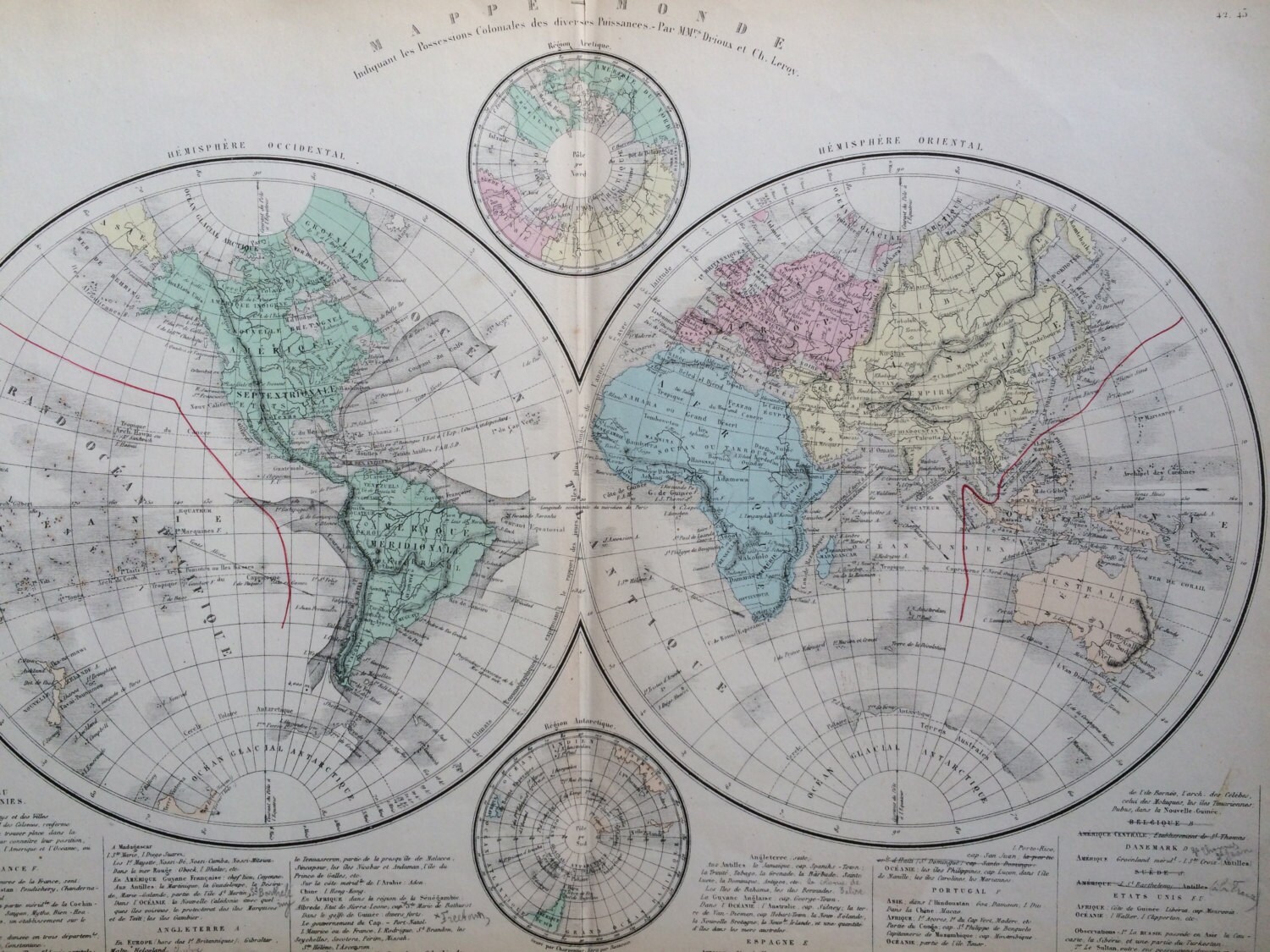 1866 MAPPE MONDE - antique world map - world in hemispheres - large ...