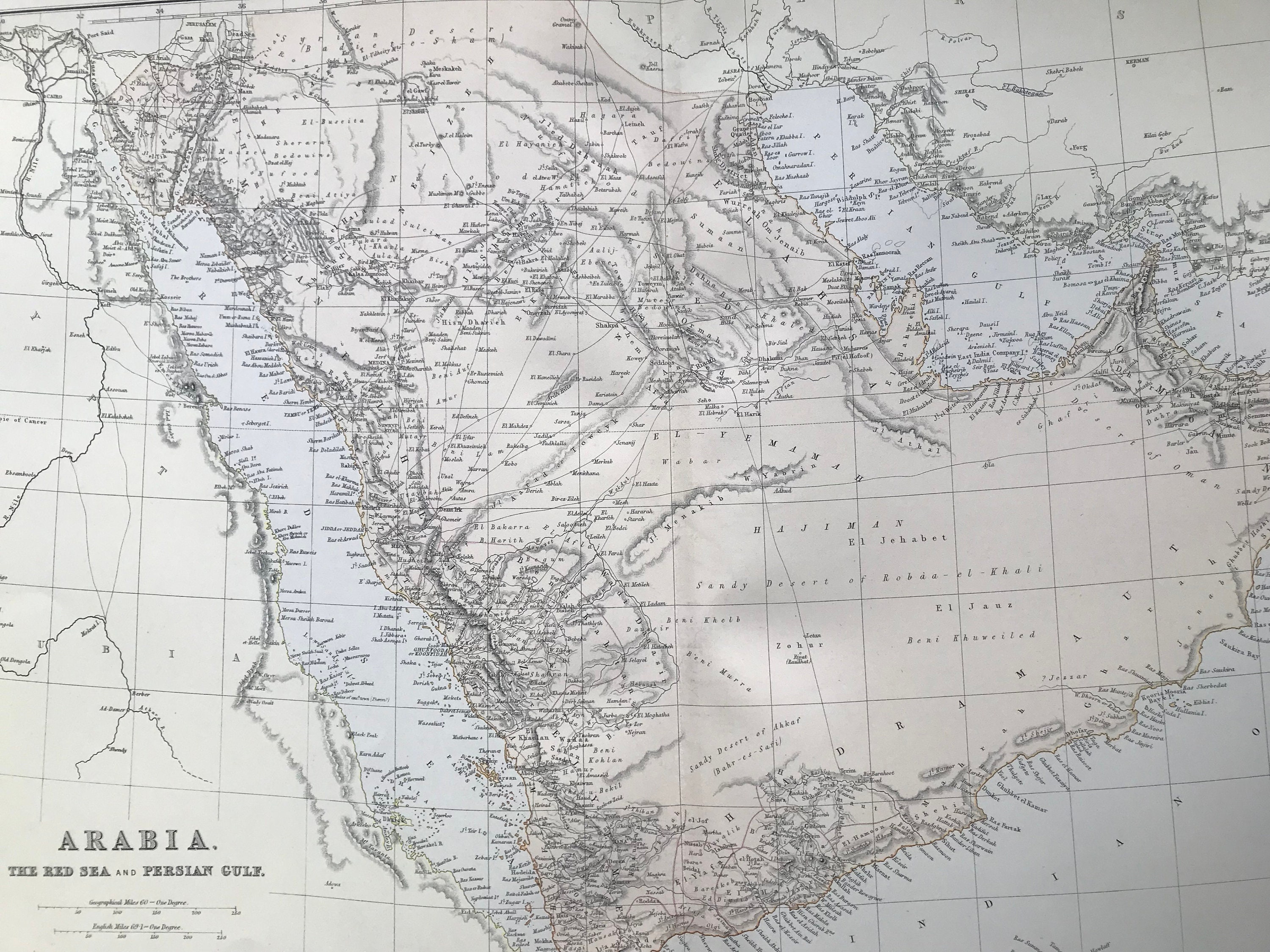 1882 Arabia, The Red Sea & Persian Gulf Large Original Antique Map, 15 ...