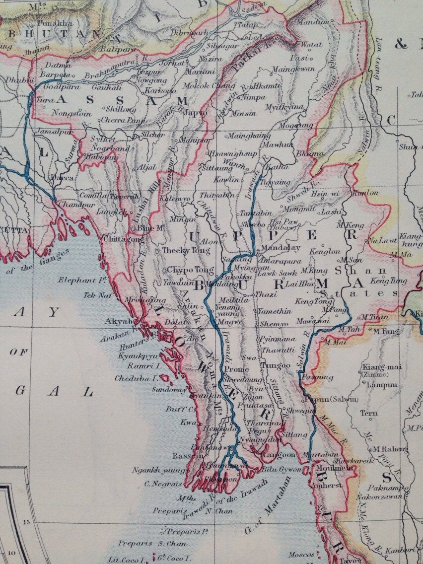 1906 BURMA, ASSAM & MALAY Peninsula original antique map, historical ...