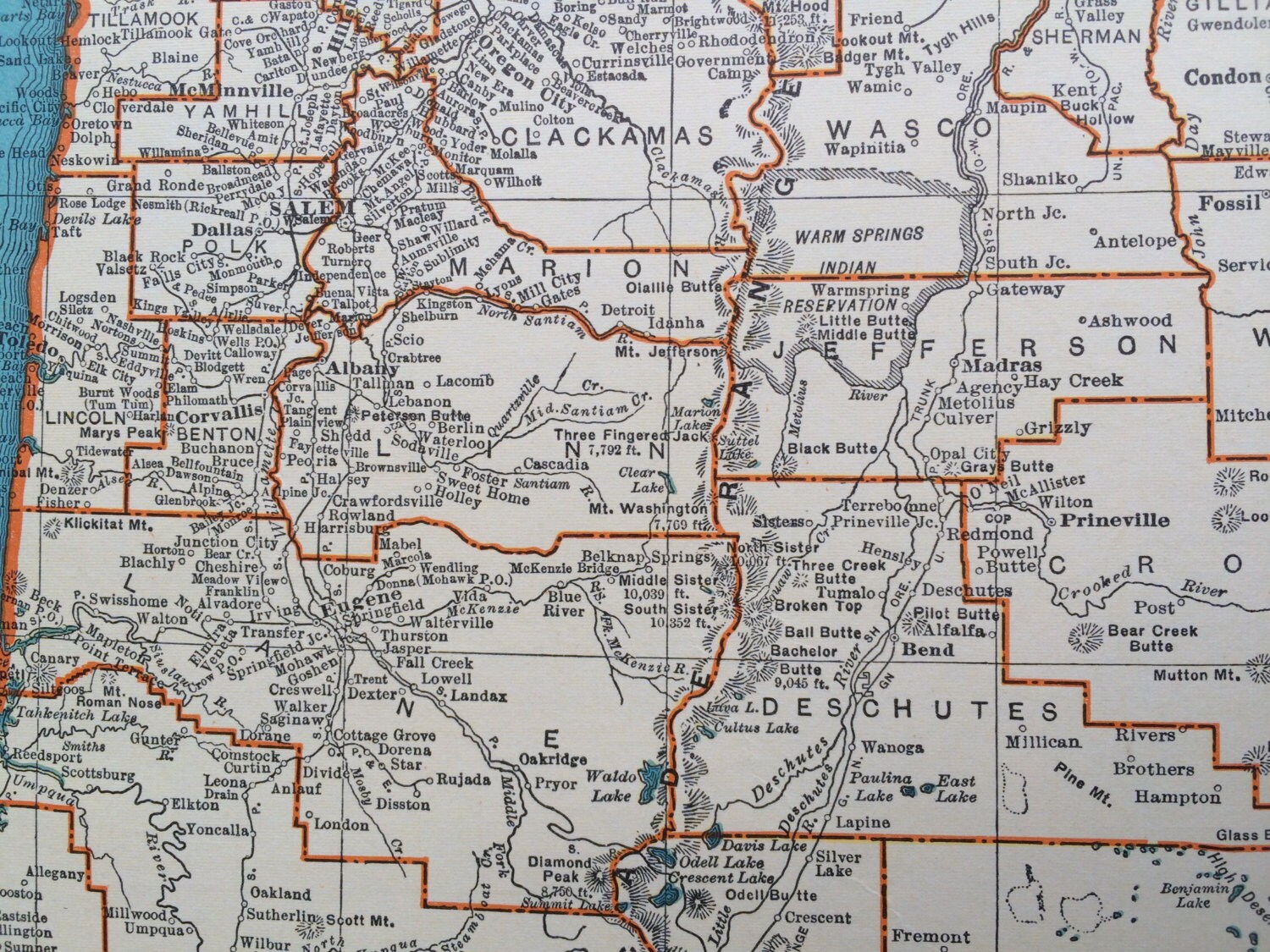 1937 OREGON Original Vintage Map, 11 x 14 inches, State Map, Rand McNally, Home Decor ...