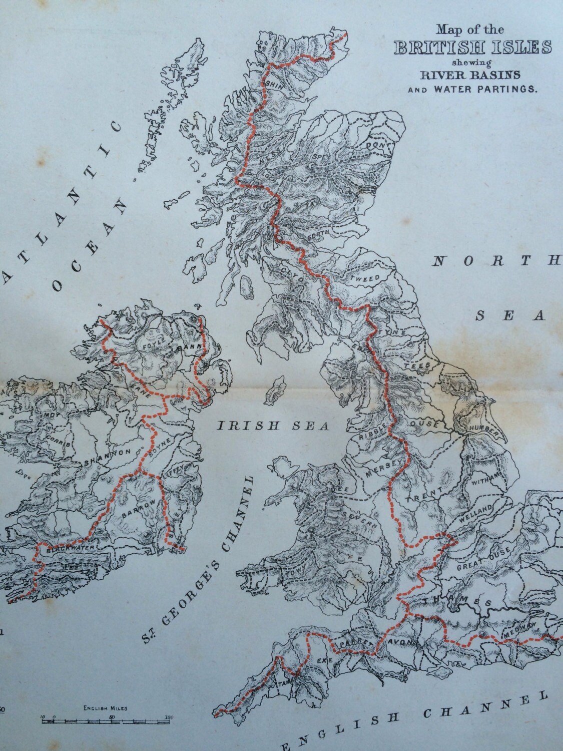 1878 Map of the British Isles showing River Basins and Water Partings ...