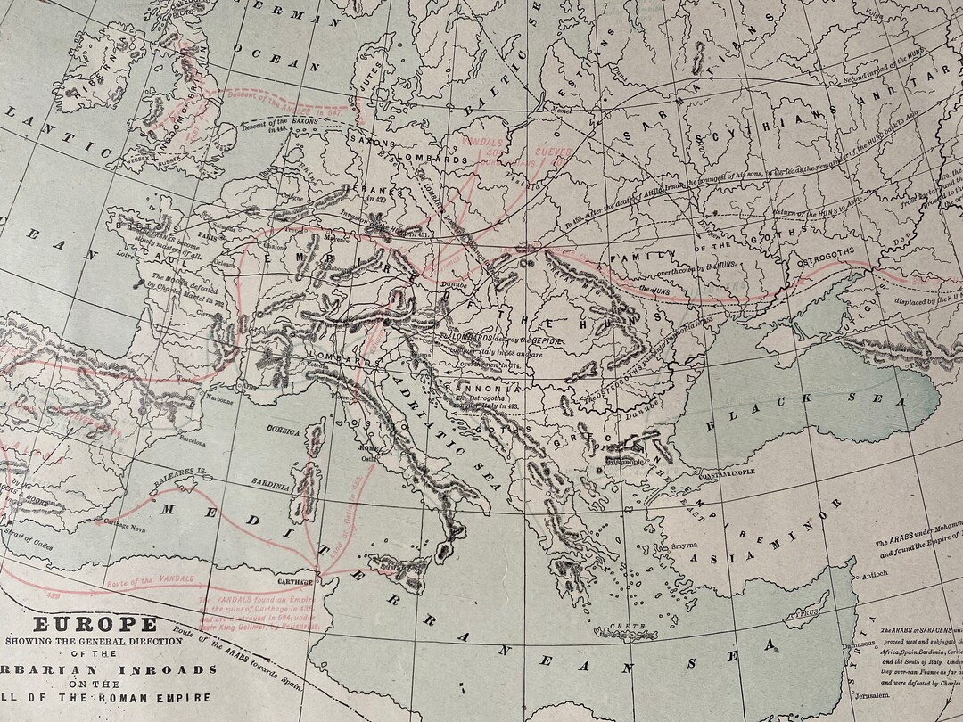 1901 Europe Showing the General Direction of the Barbarian Inroads on ...