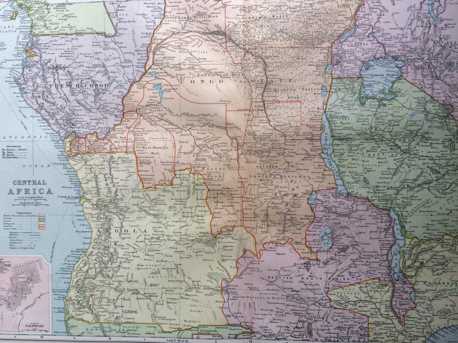 1898 CENTRAL AFRICA large original antique map, 21.5 x 13.5 inches ...