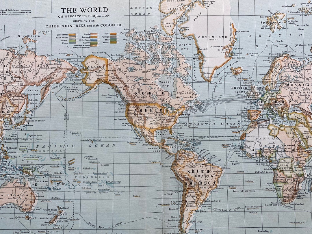 1903 Original Antique World Map on Mercator's Projection Showing the ...
