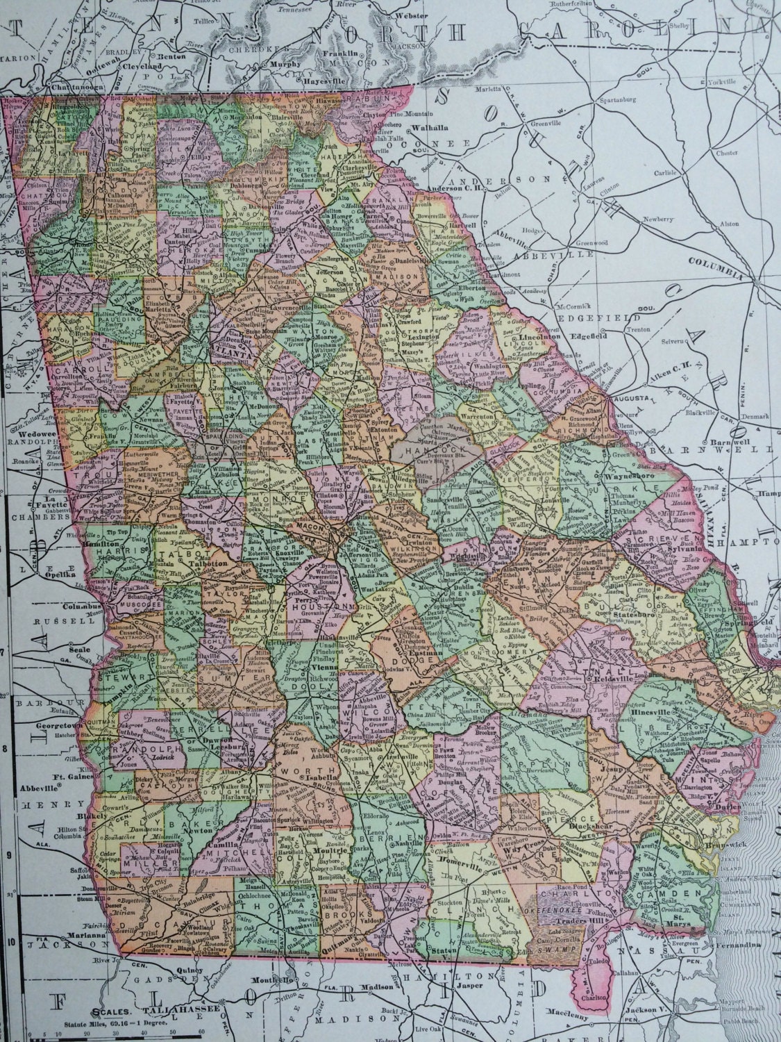 1898 GEORGIA Original Antique Map, 11 x 14 inches, Rand McNally, Home ...