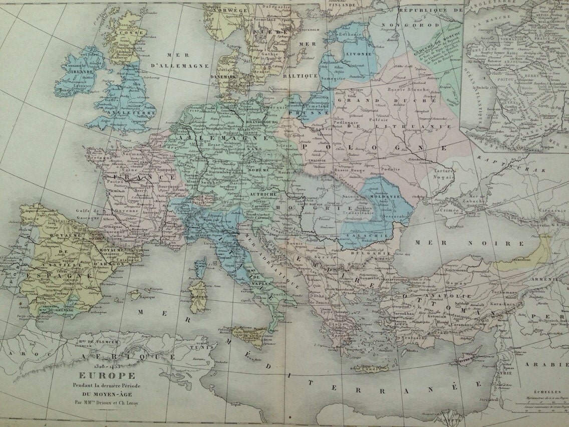 1866 Europe during the last period of the Middle Ages - large original ...